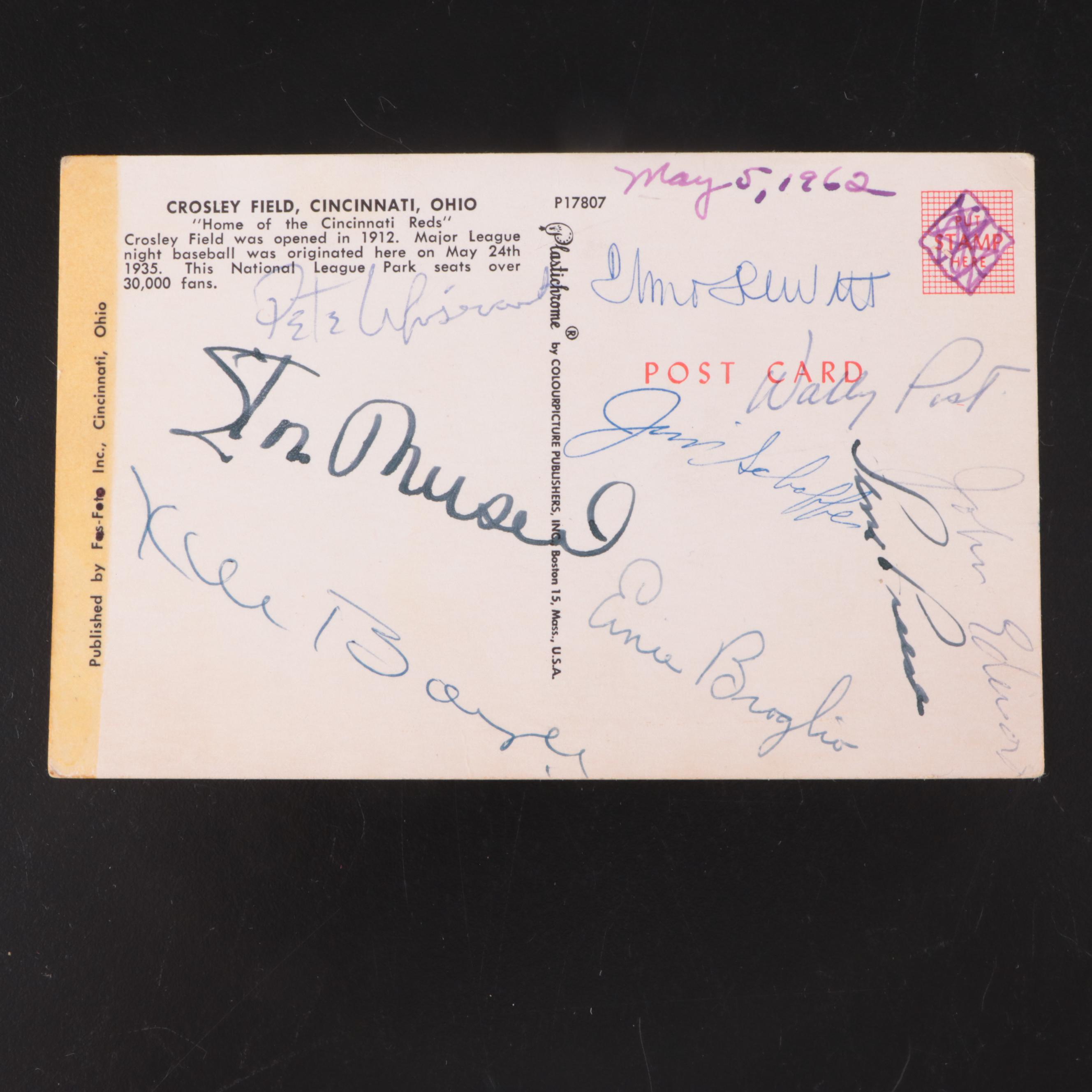 1962 Crosley Field Post Card Signed By Stan Musial, Wally Post, and ...