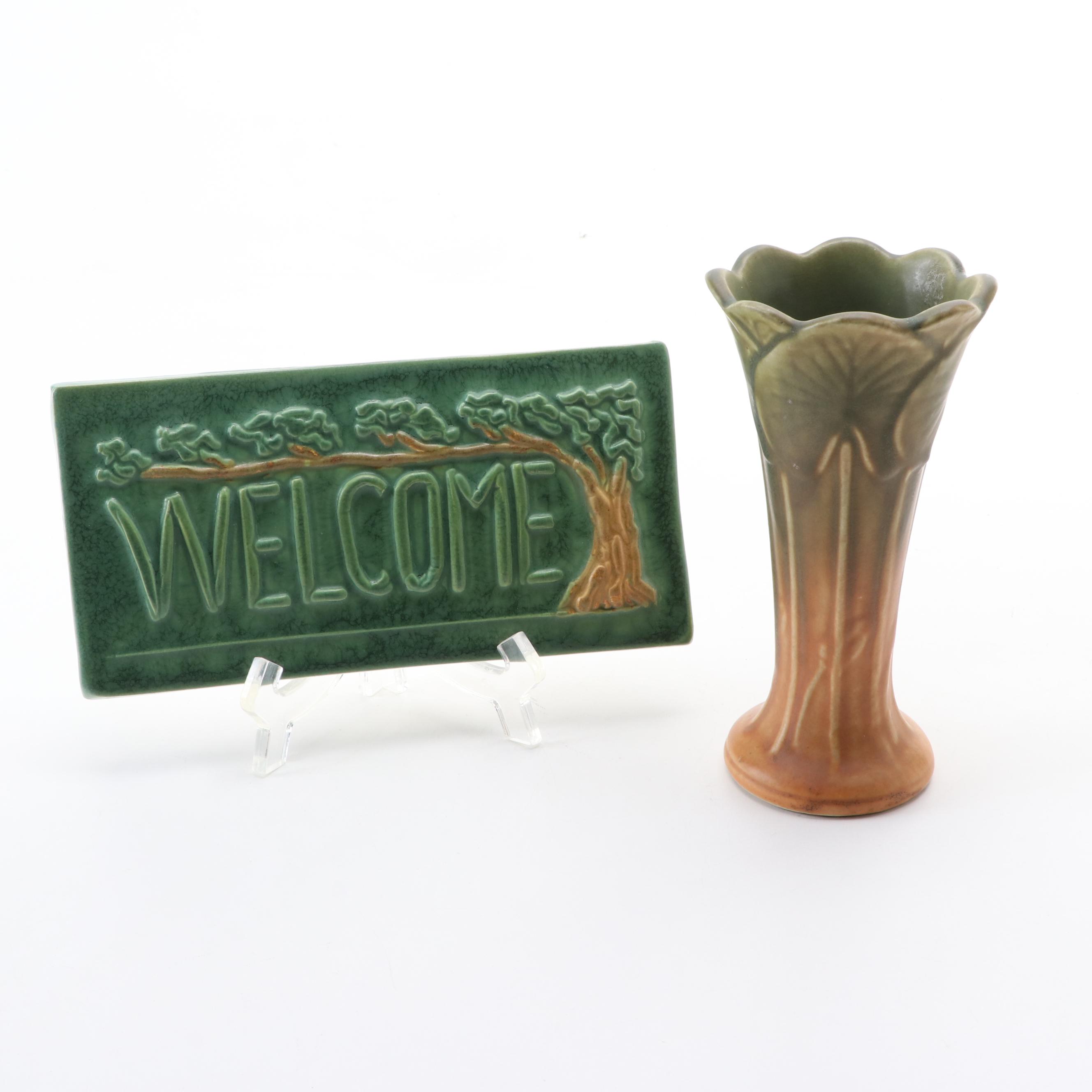 Weller Pottery "Pumila" Vase with Prairie Art Pottery "Welcome" Plaque ...