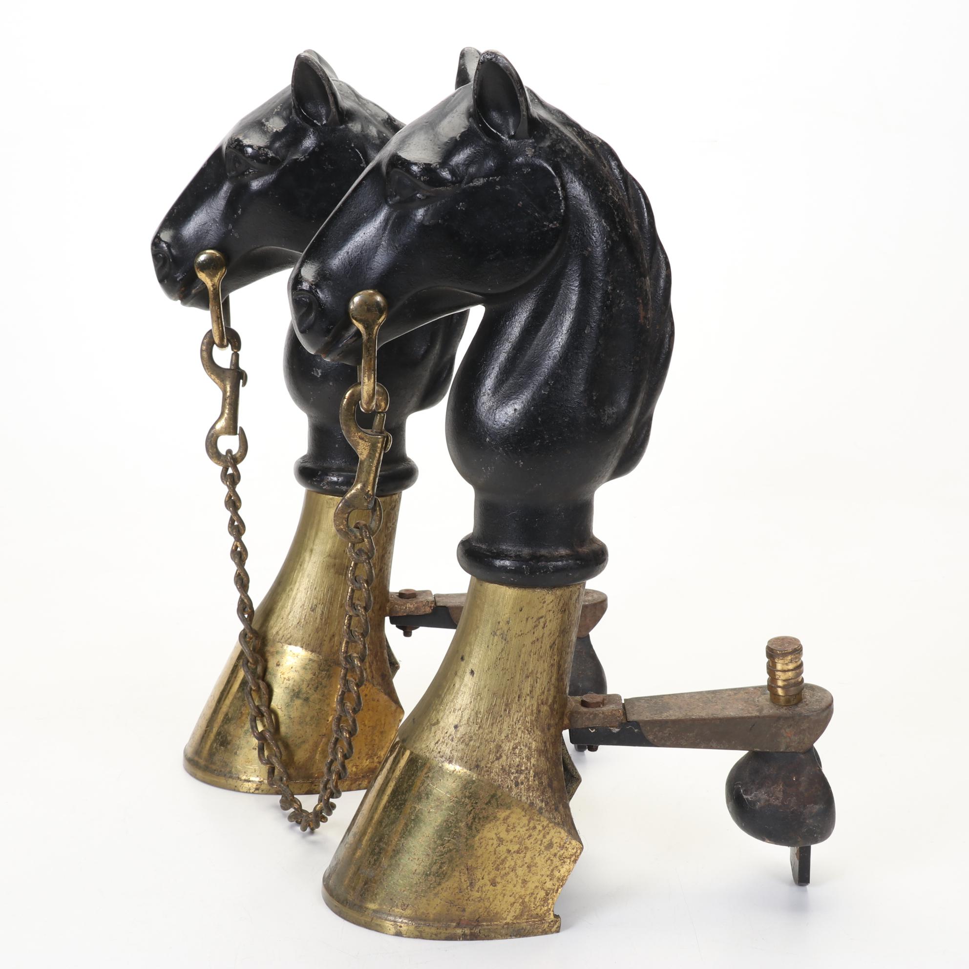 Cast Iron and Brass Hitching Post Style Andirons With Horse Head and ...