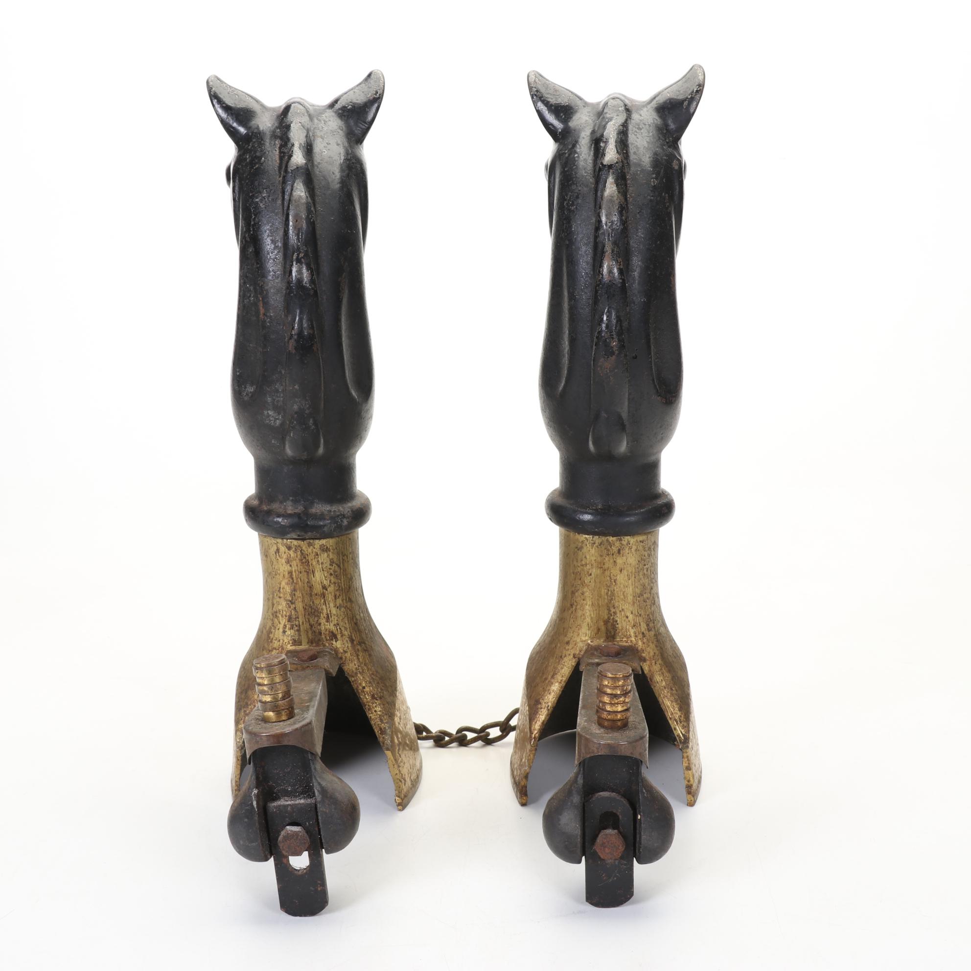 Cast Iron and Brass Hitching Post Style Andirons With Horse Head and ...