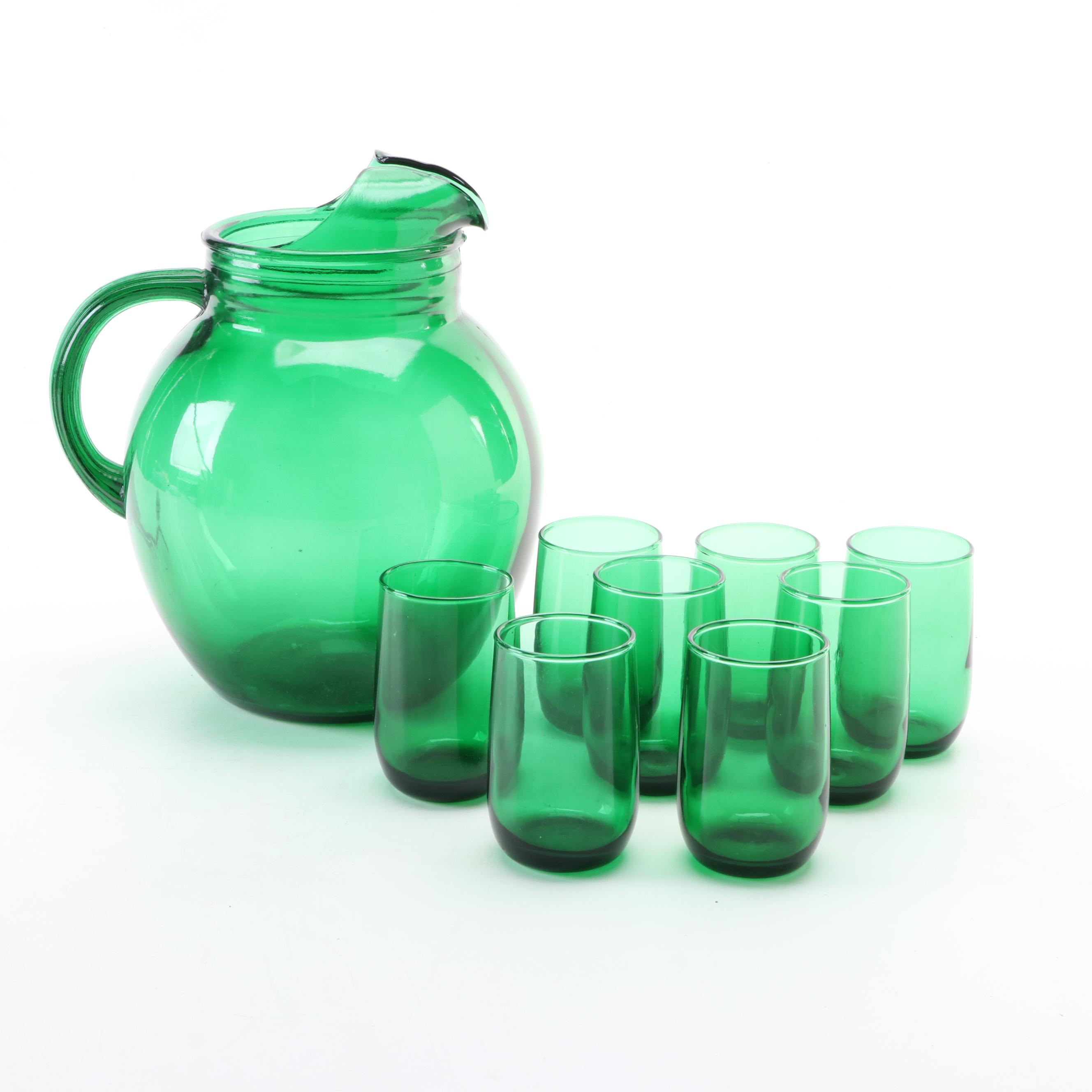 Anchor Hocking "Roly Poly Forest Green" Pitcher and Flat Juice Glasses ...