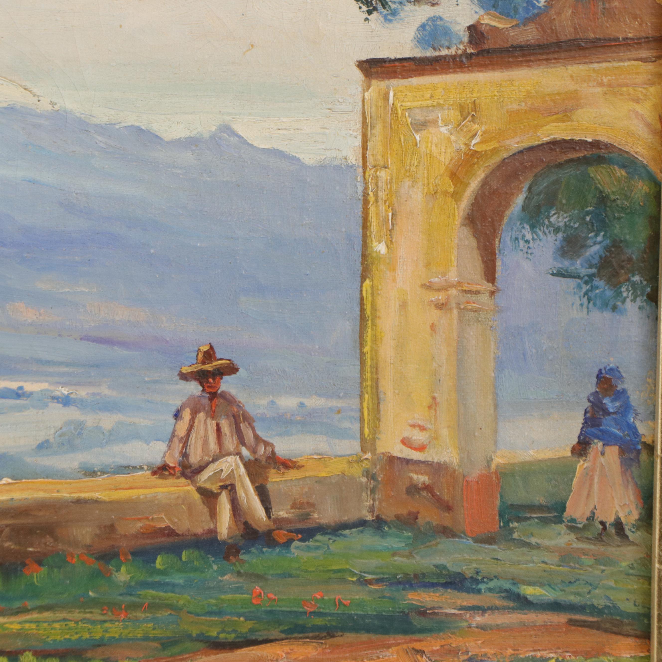 Maya Landscape Oil Painting of Distant Mountains and Figures, Circa ...