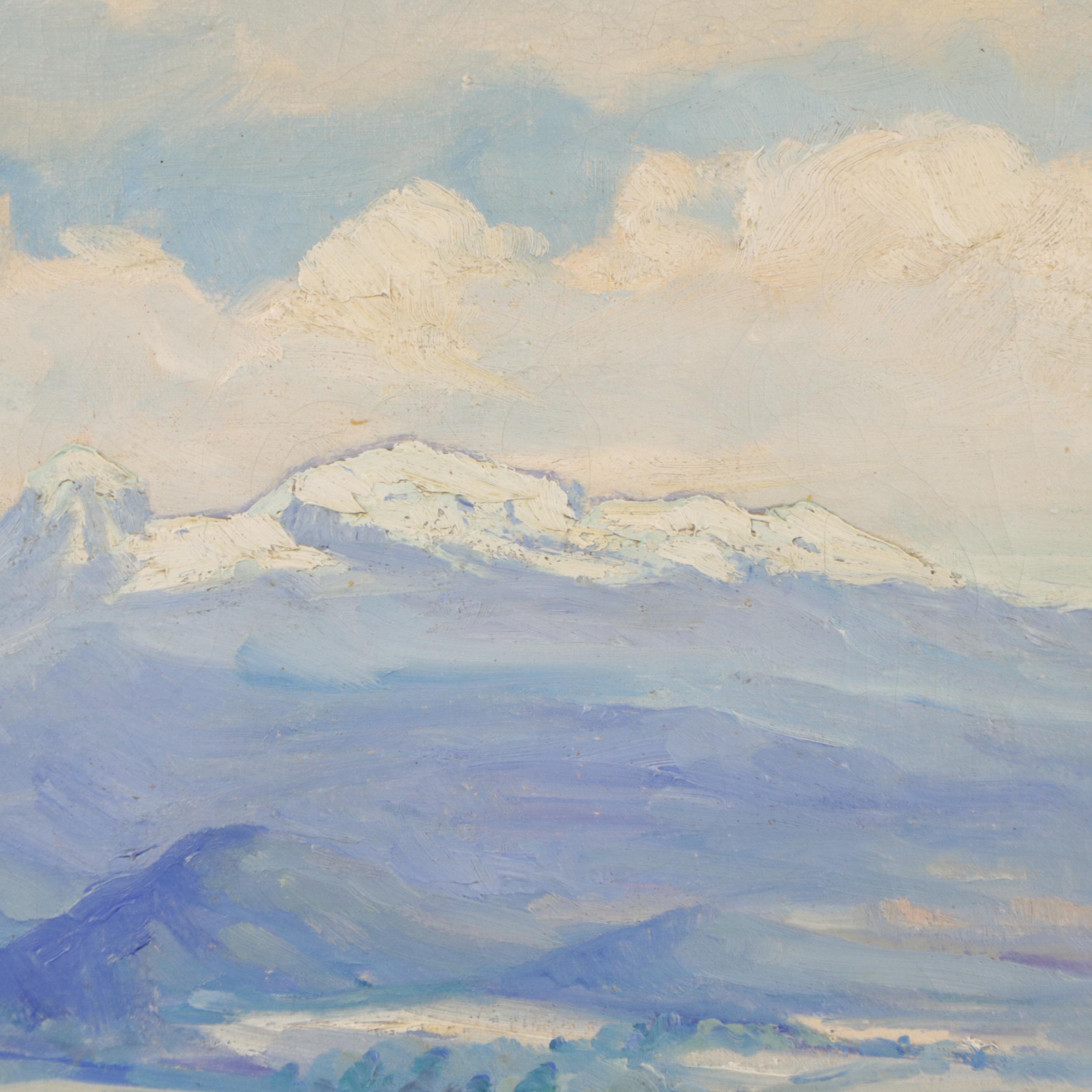 Maya Landscape Oil Painting of Distant Mountains and Figures, Circa ...