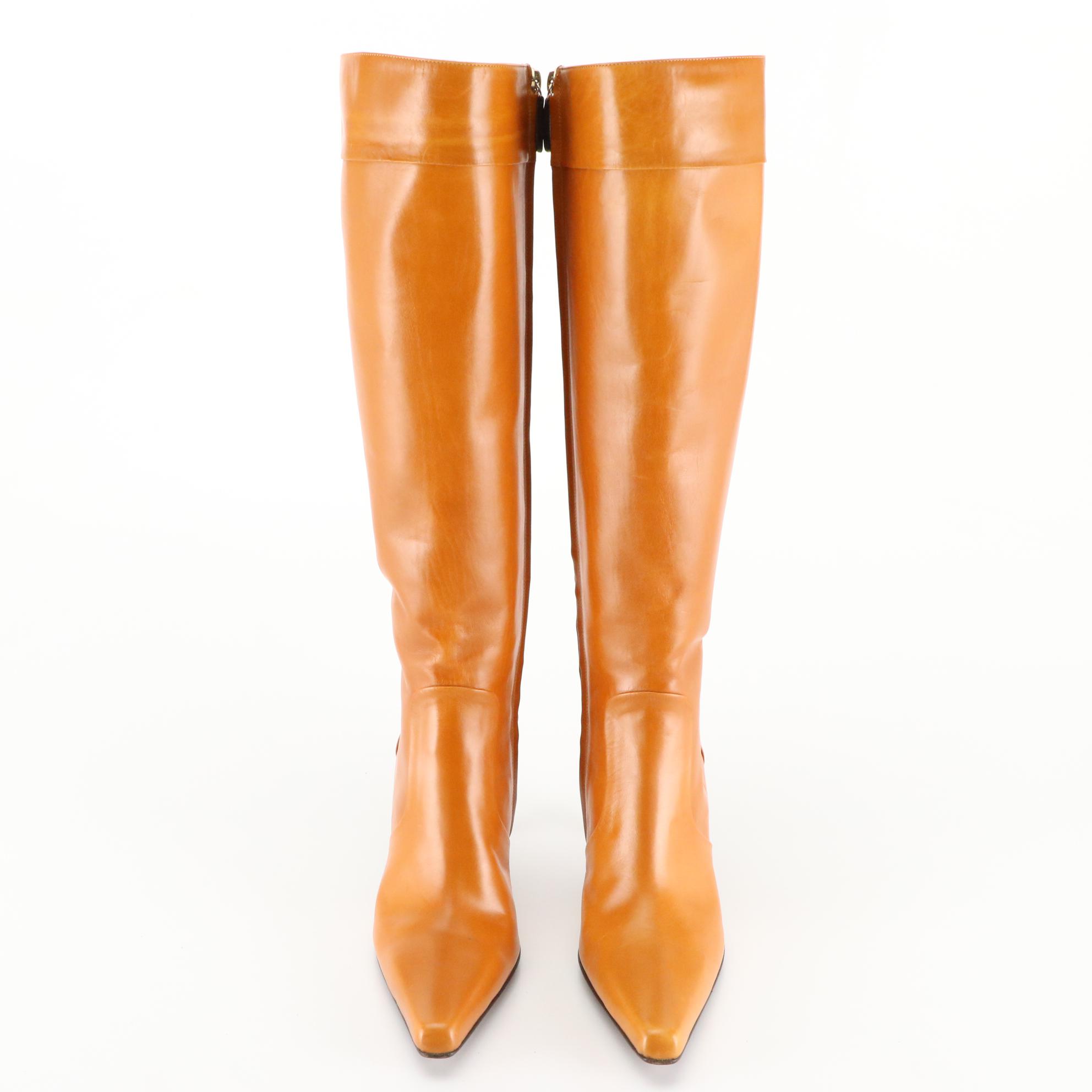 Ralph Lauren Chestnut Brown Leather Semi-Pointed Toe Knee-Length Heeled ...