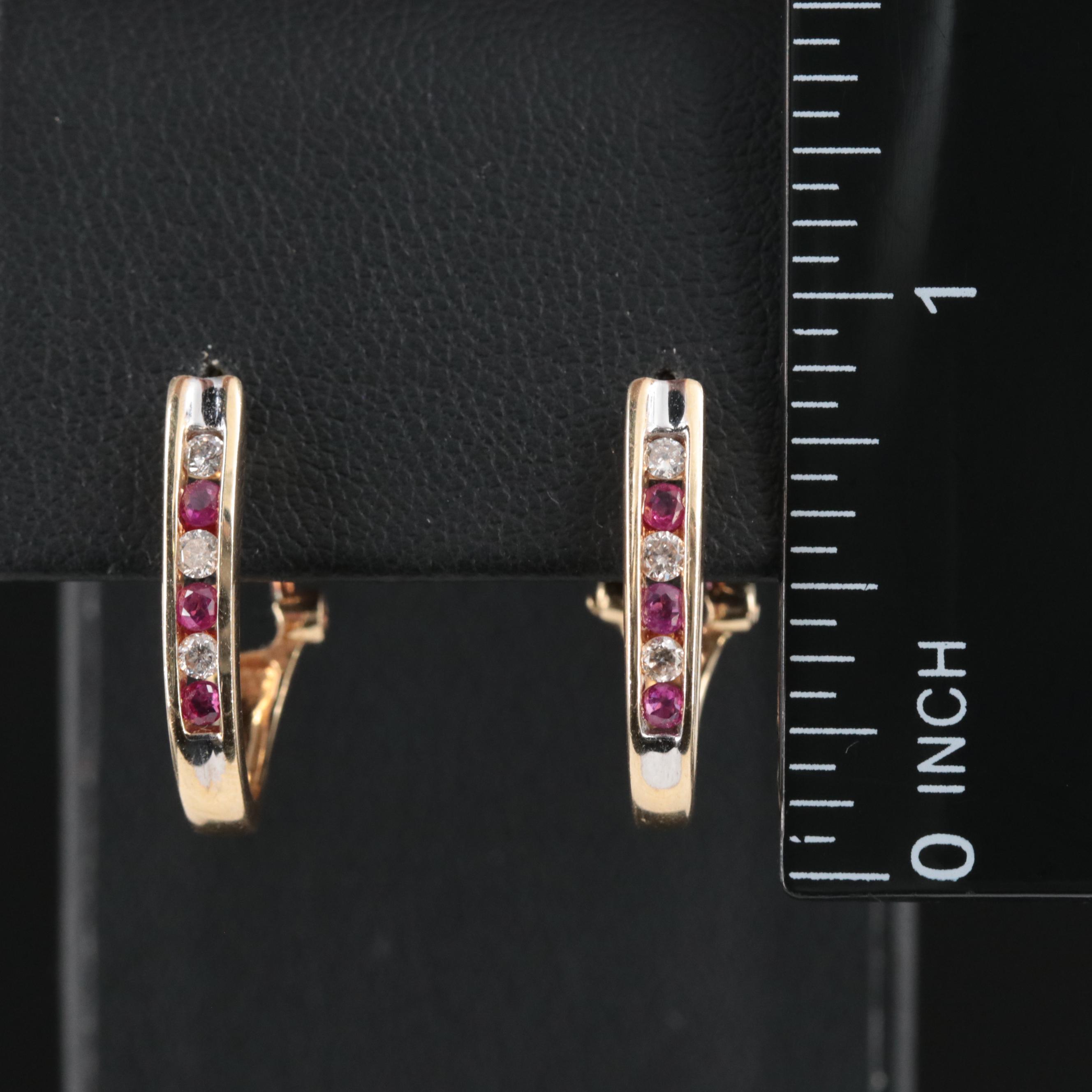 14K Diamond and Ruby J Hoop Channel Earrings | EBTH