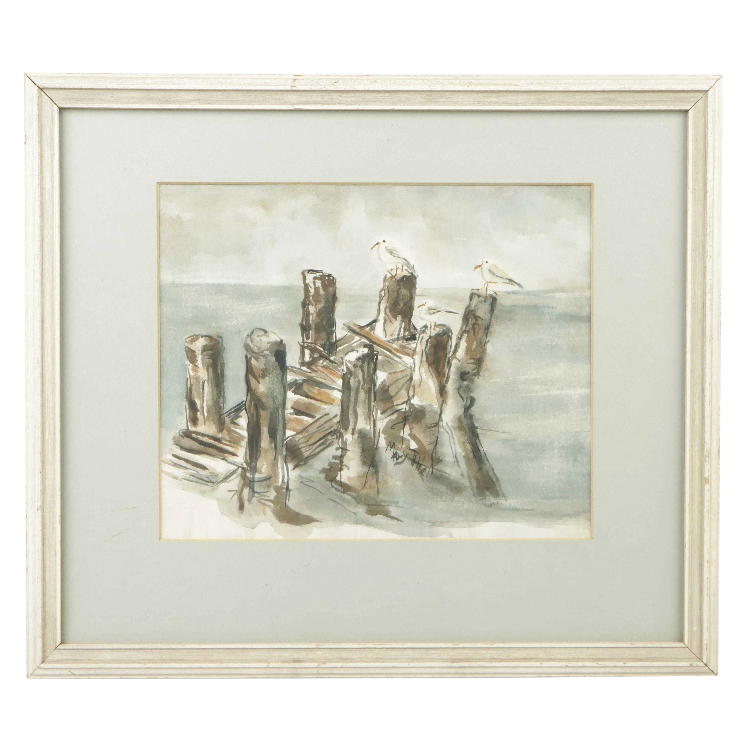 Mary Thiel Watercolor of Seagulls on a Pier | EBTH