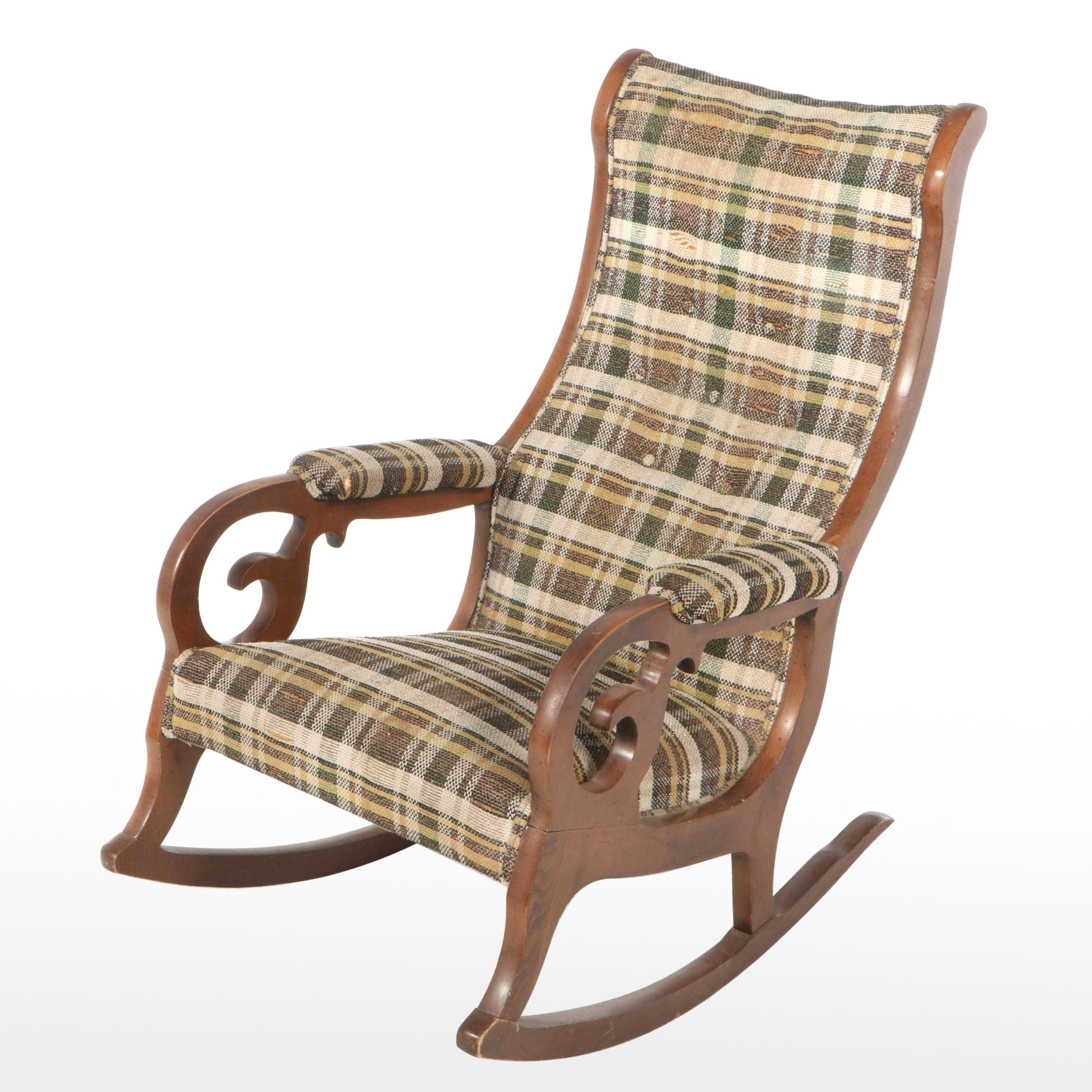 Victorian Style Hardwood and Plaid-Upholstered Lincoln Rocking Chair | EBTH