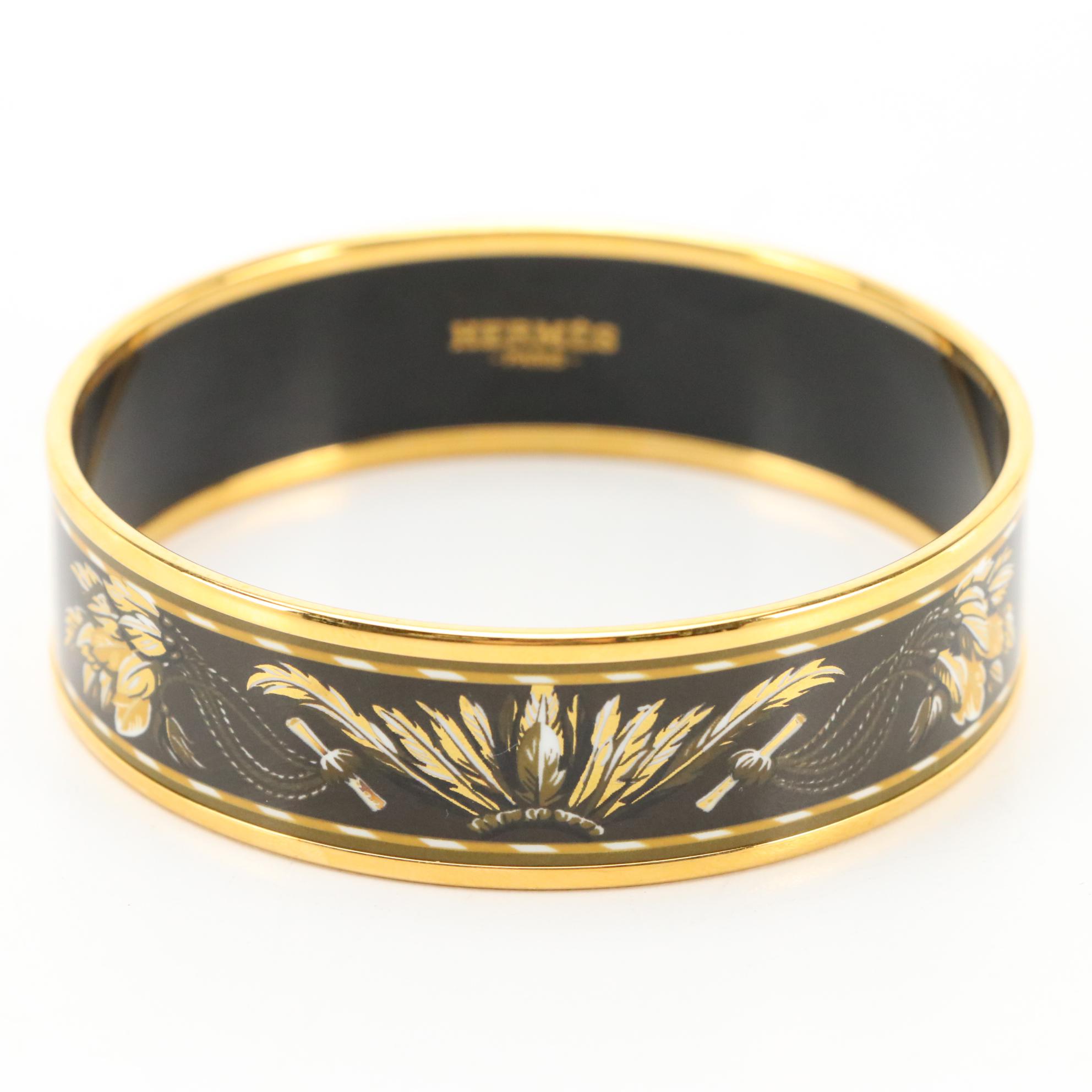 Hermès Gold Plated and Enameled Wide Bangle in Wheat Motif | EBTH