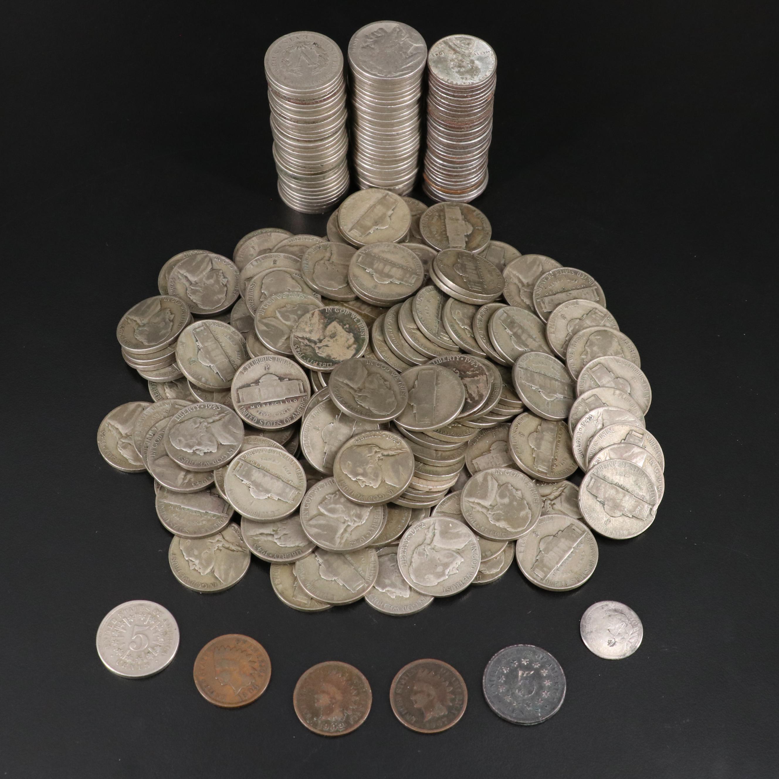 Collection of U.S. Nickels With Two Shield Nickels and Other Coins ...