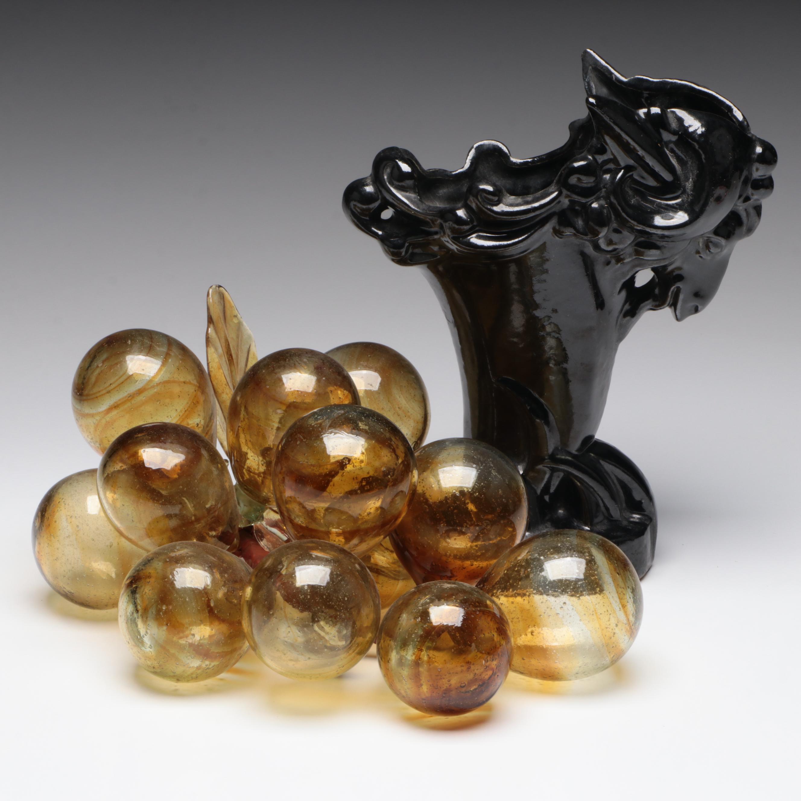 MCM McCoy Pottery Ram Head Vase with Blown Glass Grape Cluster | EBTH