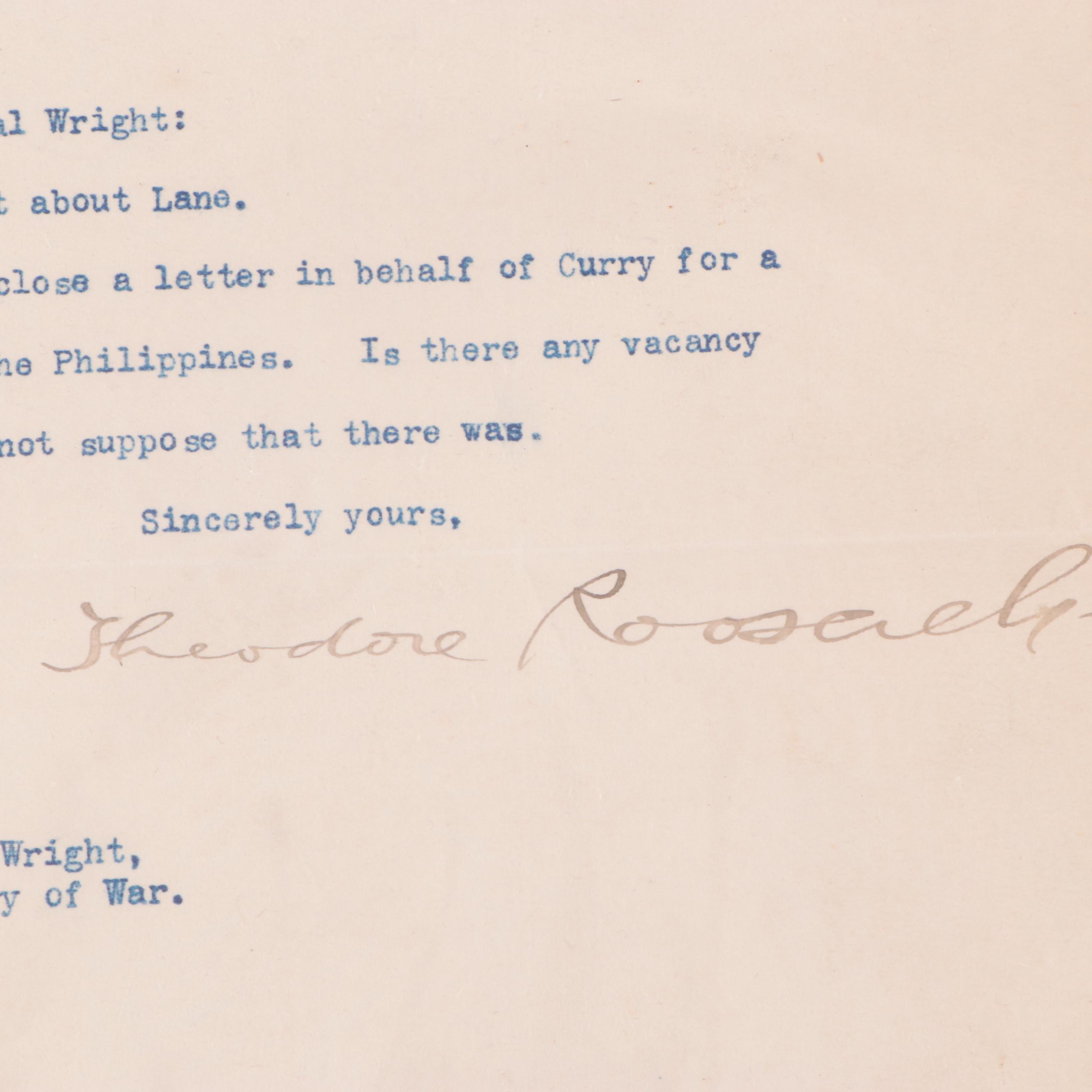 Signed Theodore Roosevelt Letter to General Wright, 1908 | Everything ...
