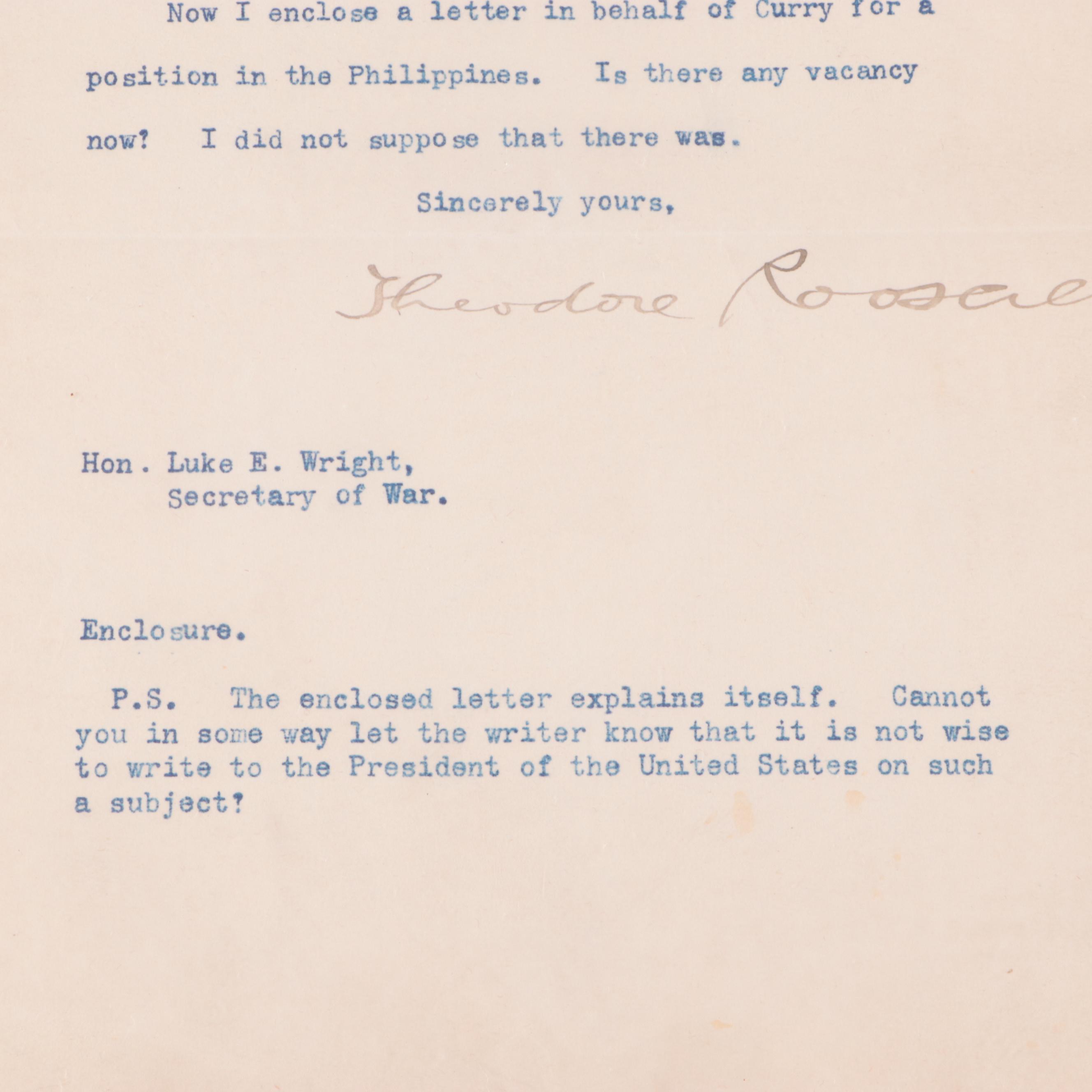 Signed Theodore Roosevelt Letter to General Wright, 1908 | Everything ...