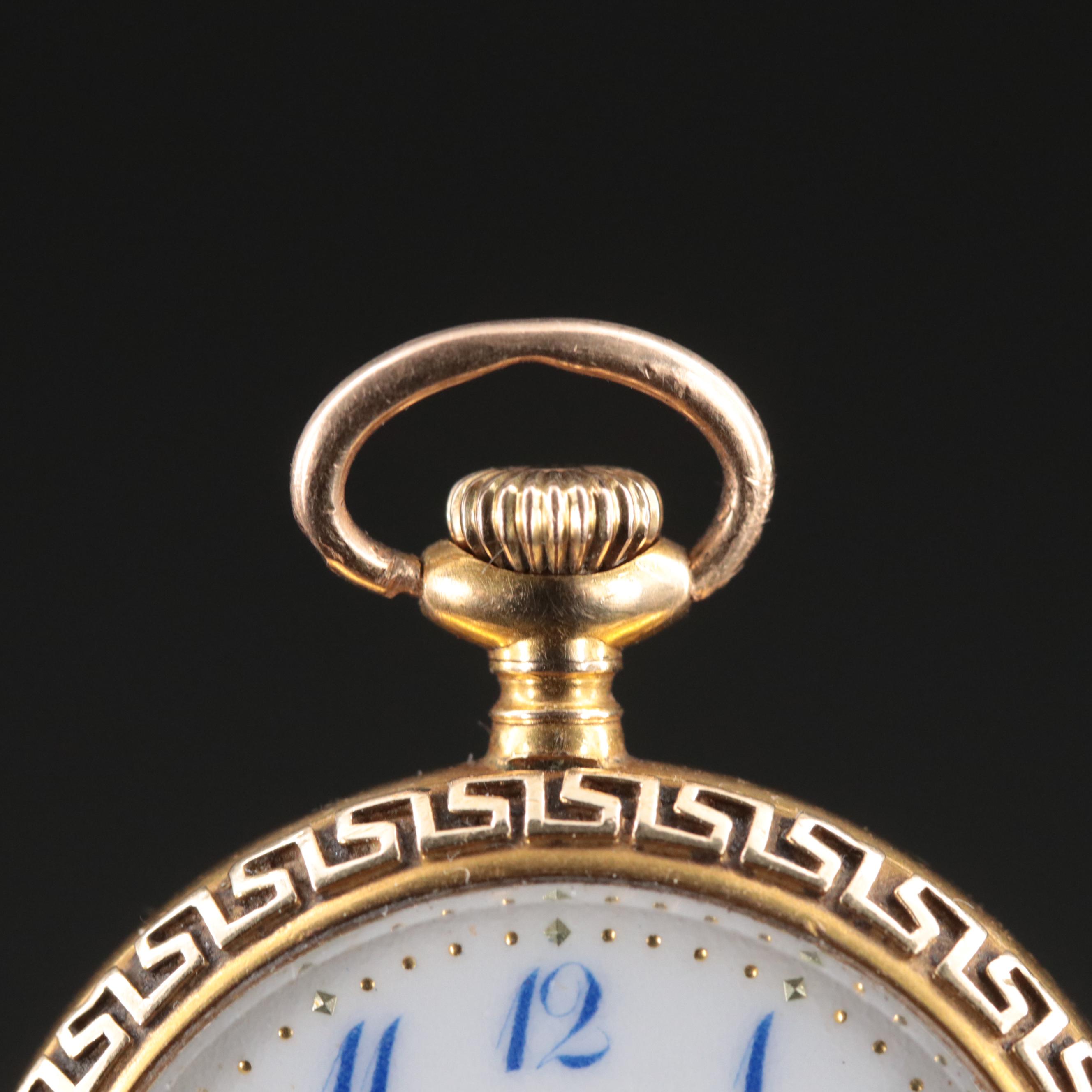 14K Swiss Greek Key Design Porcelain Dial Diamond Pendant Watch | EBTH