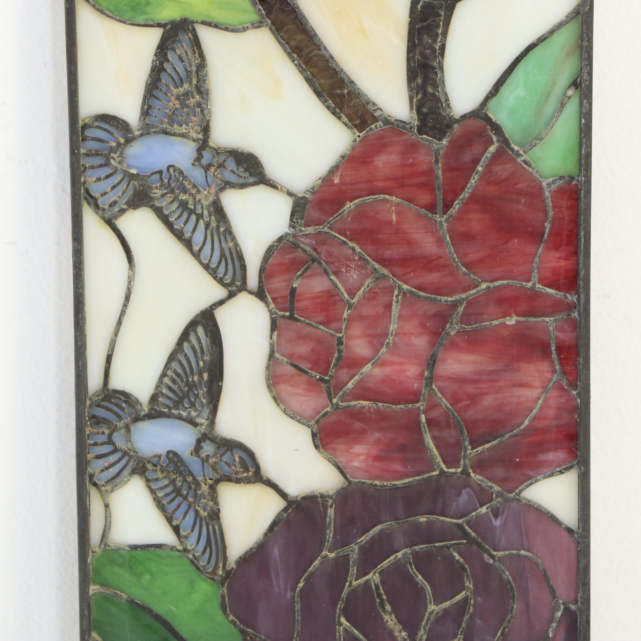Stained Glass Window Panel of Roses and Hummingbirds | EBTH