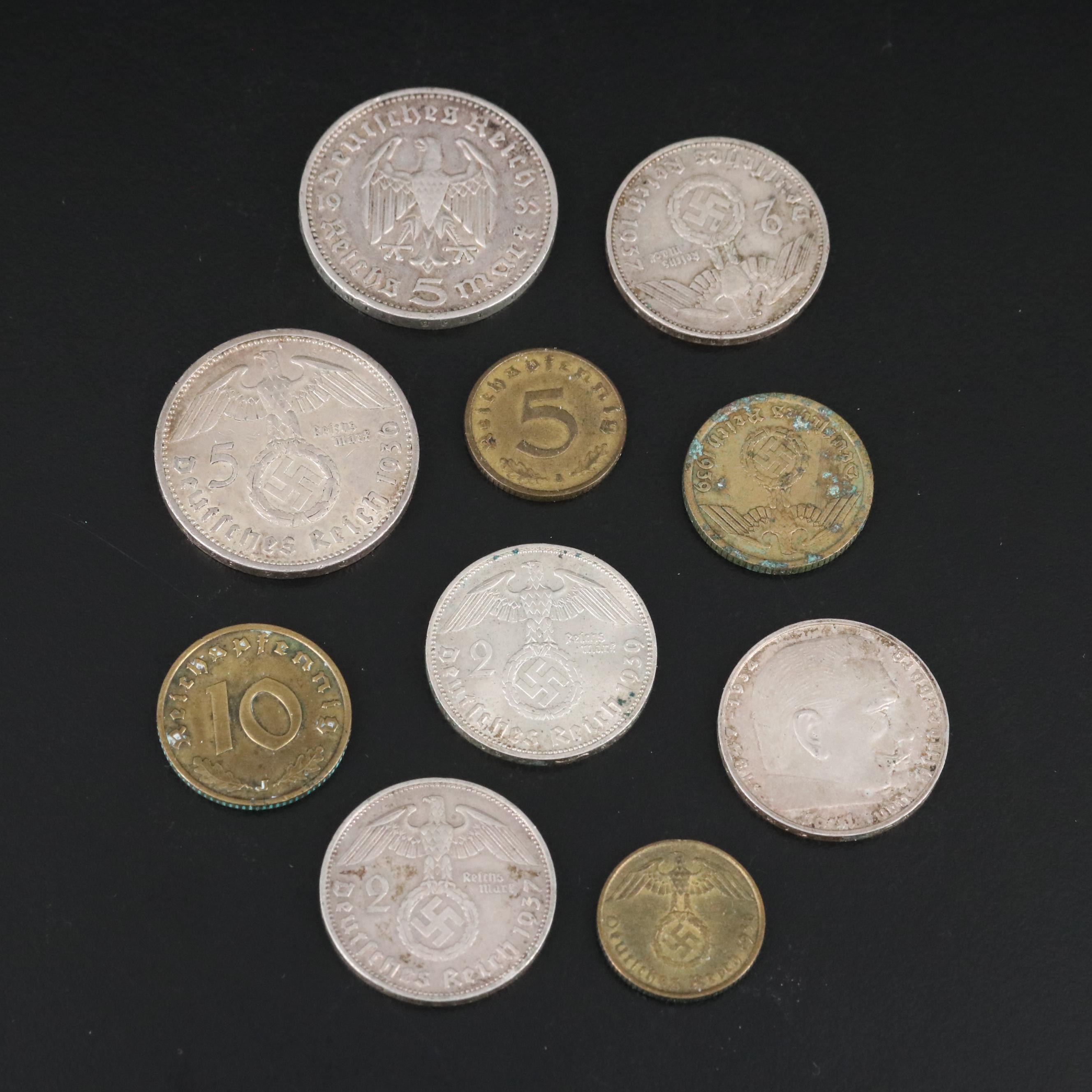 Group of Ten Alum-Bronze and Silver German Coins From the Mid to Late ...