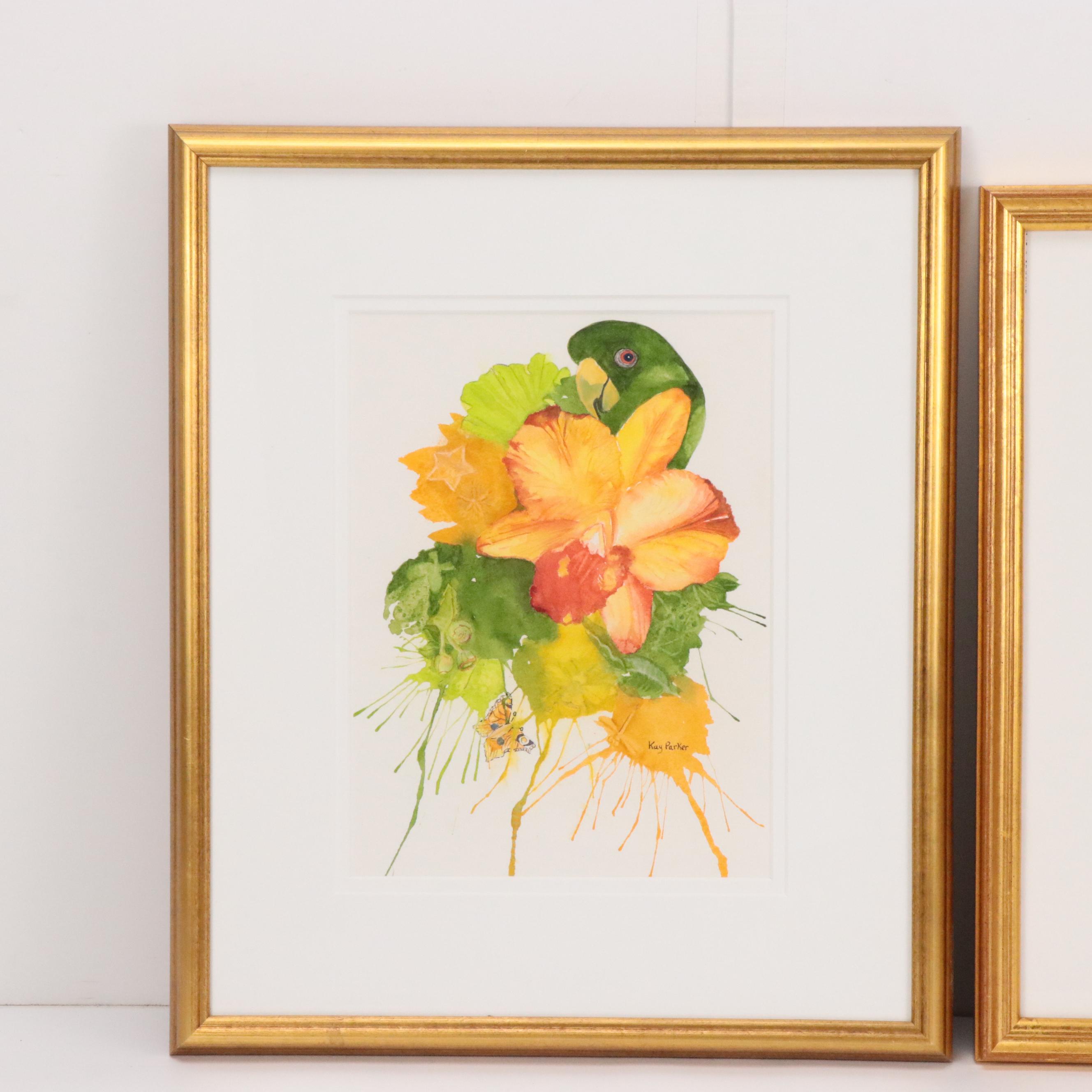 Kay Parker Watercolor Paintings "Curious Parrot" and "Gerber Glow" | EBTH
