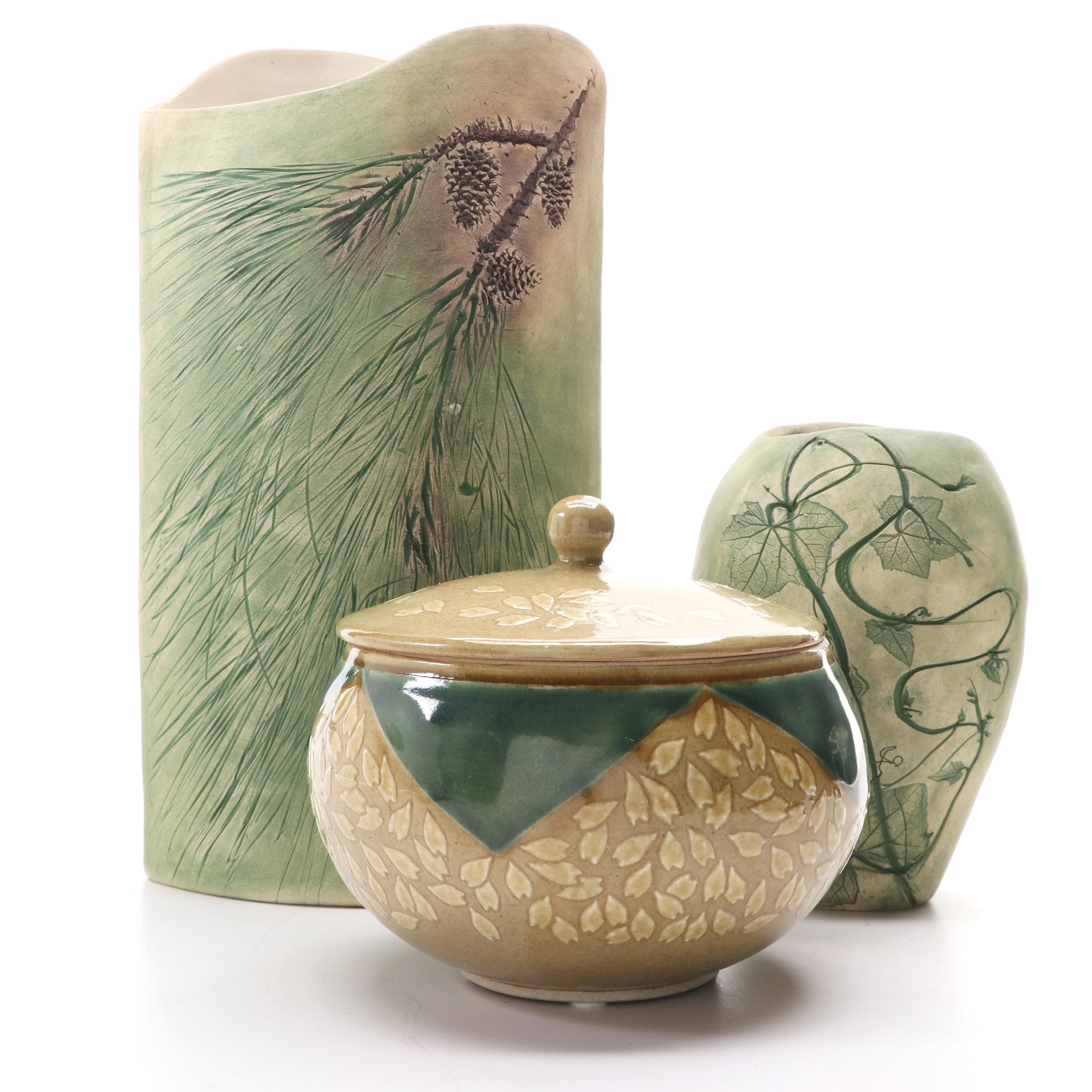 Acorn and Leaf Impress Ceramic Art Pottery Vases with Japanese Covered ...