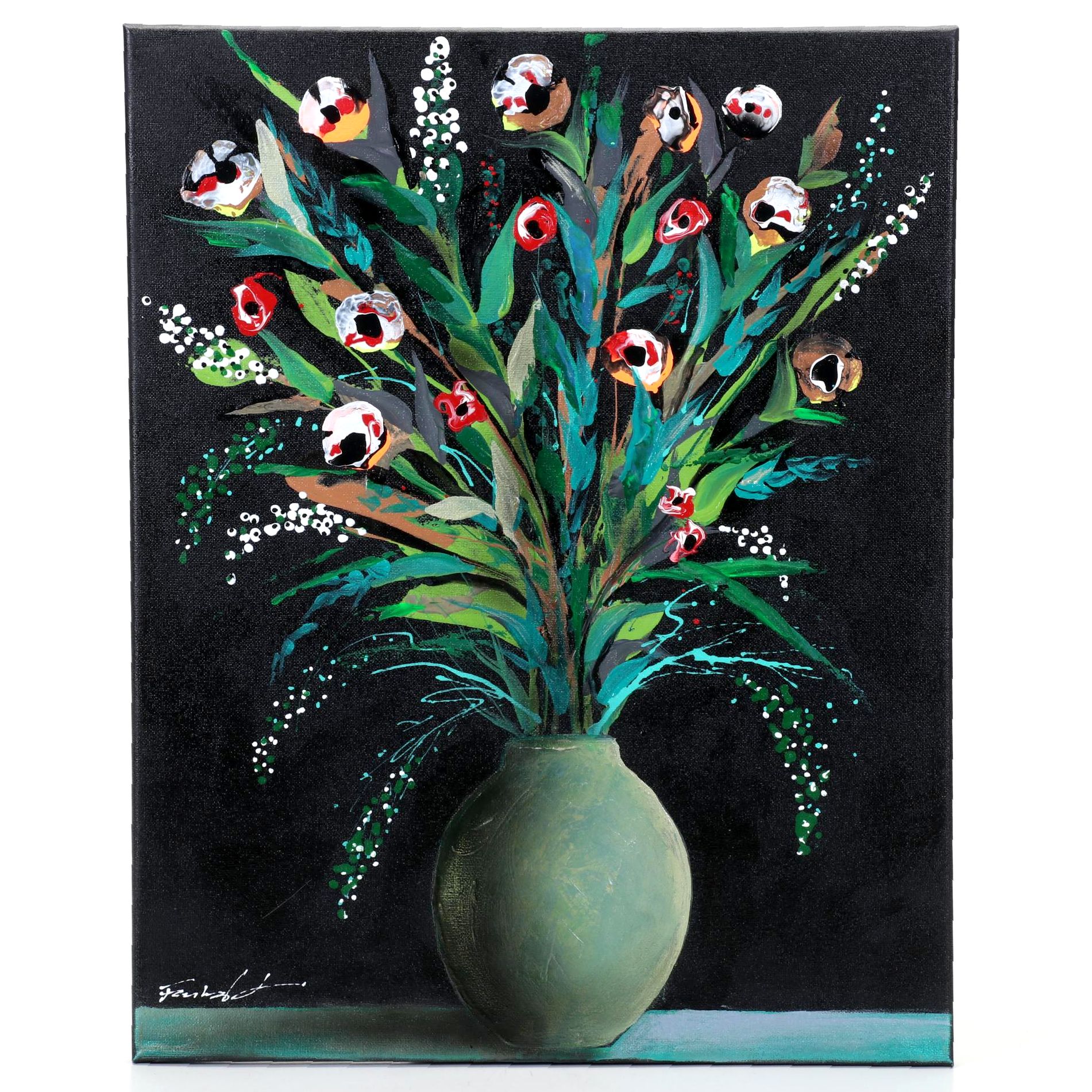 Farshad Lanjani Still Life Acrylic Painting of Flowers in Vase, 21st ...