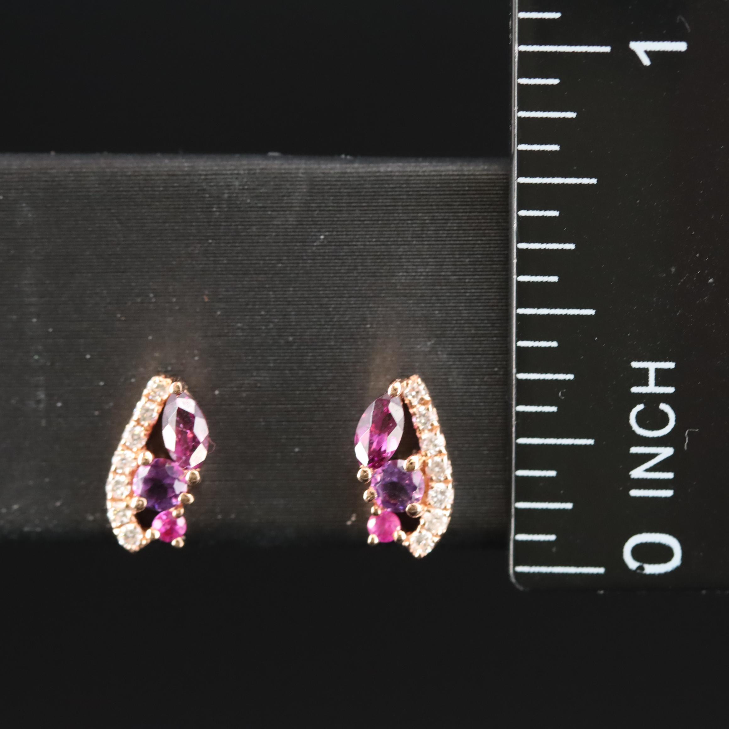 14K Rose Gold Ruby, Amethyst, Rhodolite Garnet, and Diamond Earrings | EBTH