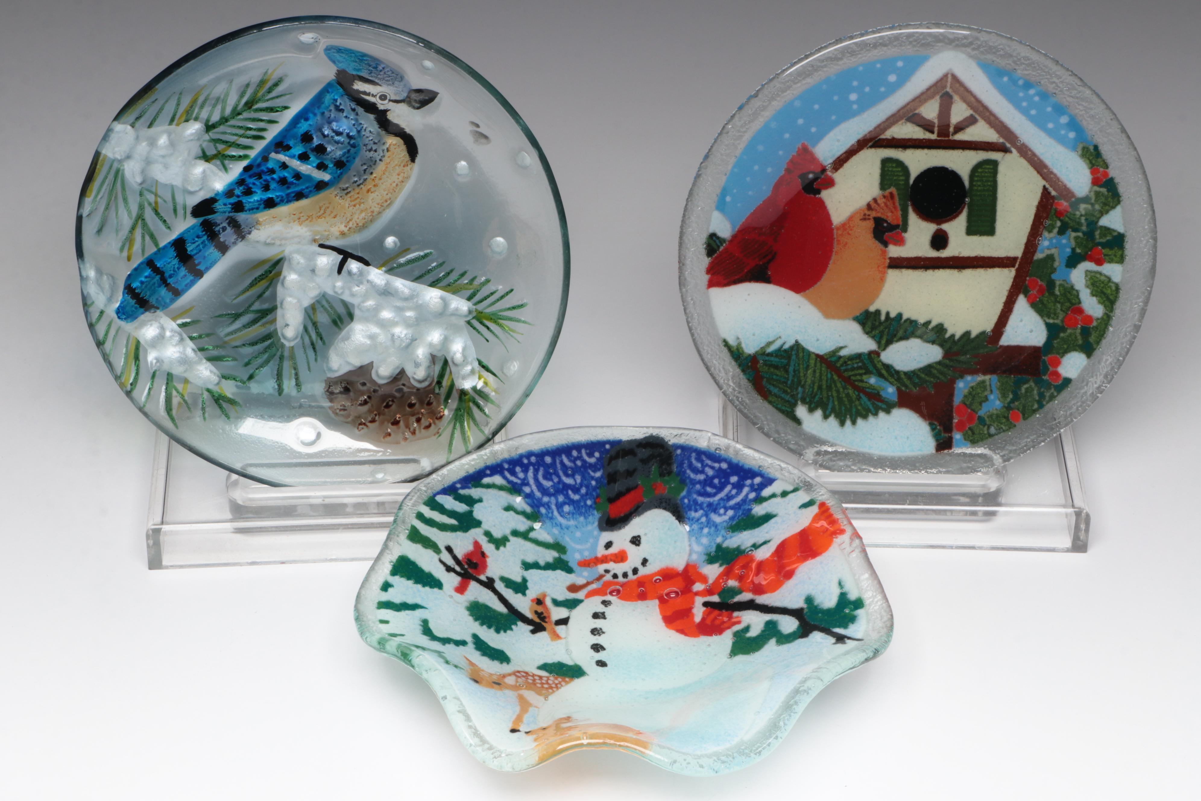 Peggy Karr Fused Art Glass Christmas and Winter Themed Serving Plates ...