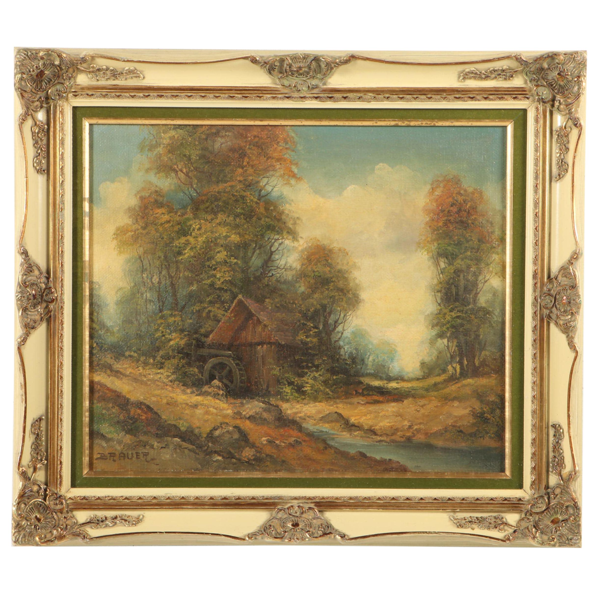 Wilhelm Brauer Bucolic Landscape Oil Painting With Cottage and Stream ...