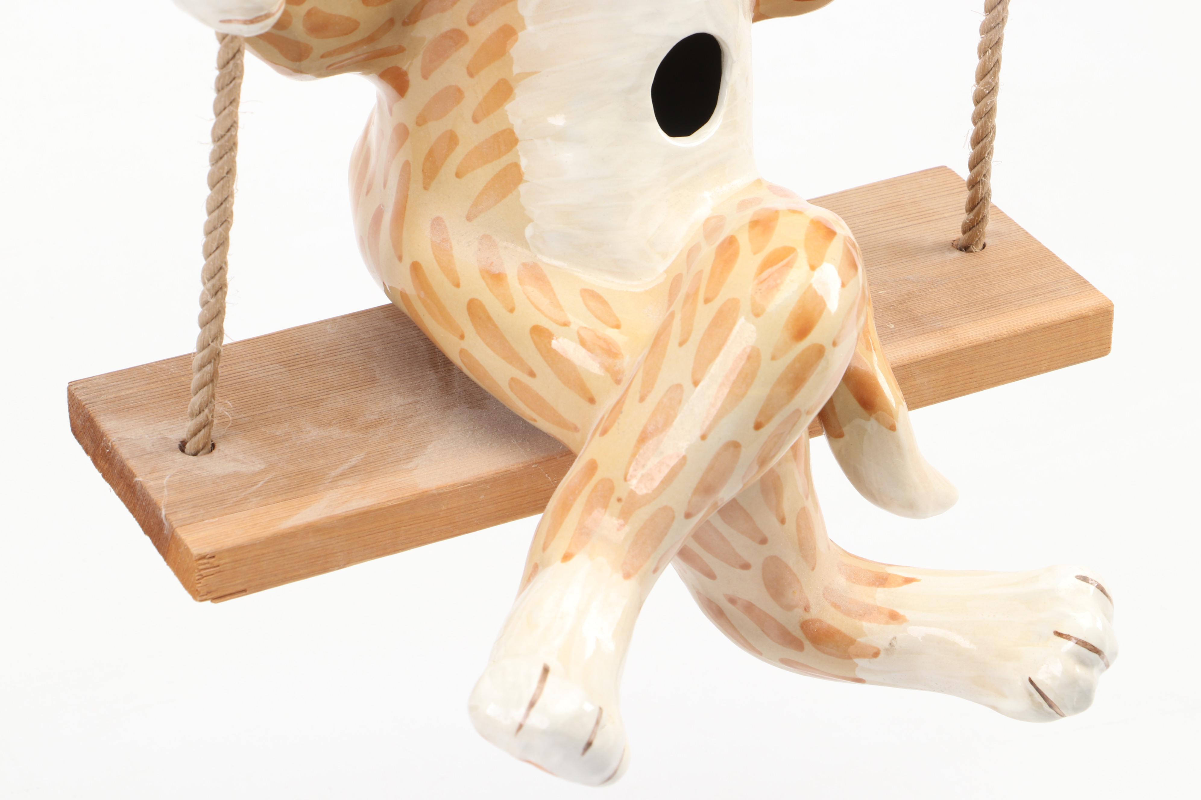 Stoneware & Co. Ceramic and Wood Swinging Cat Birdhouse | EBTH