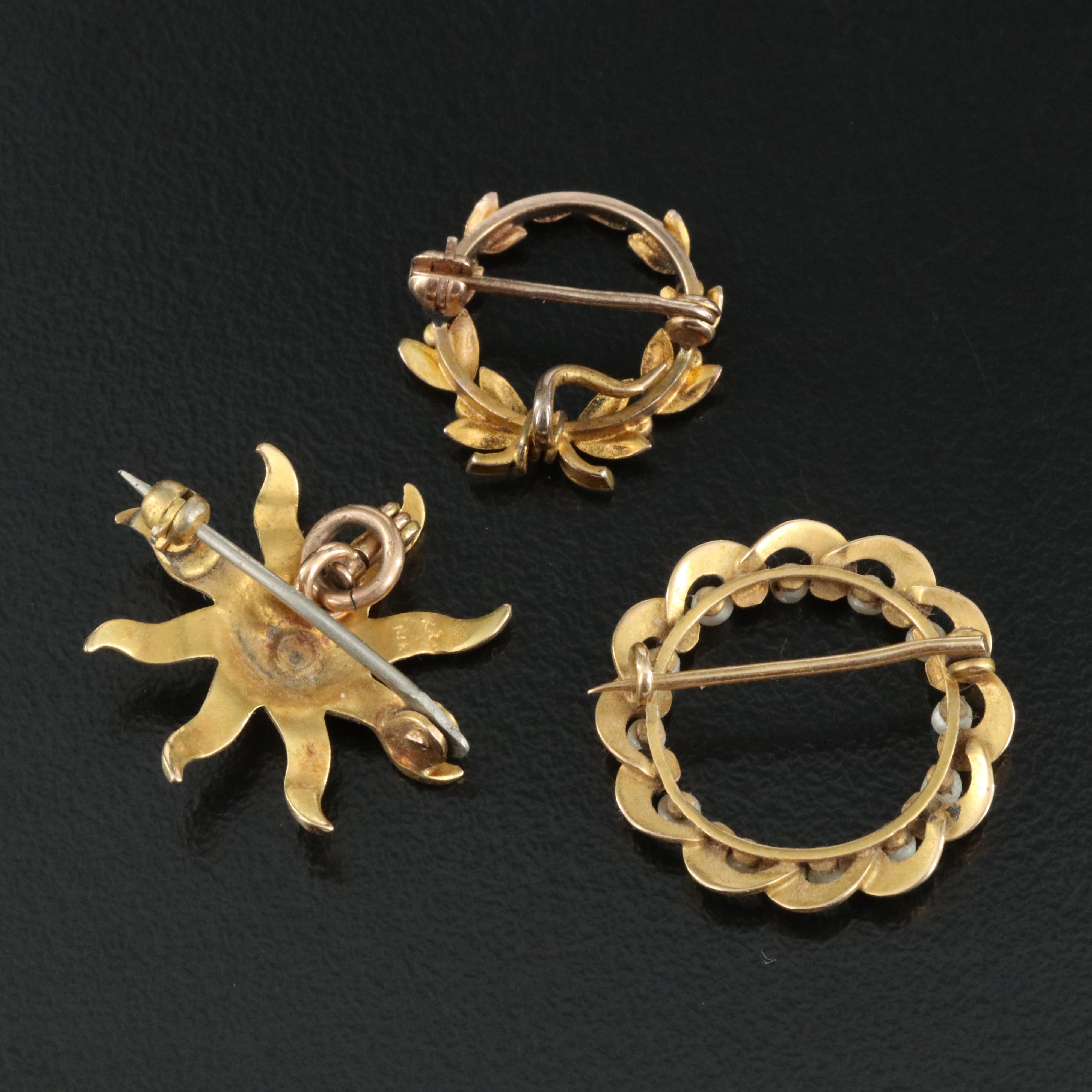 Antique 14K Brooches Featuring Enamel and Pearls | EBTH
