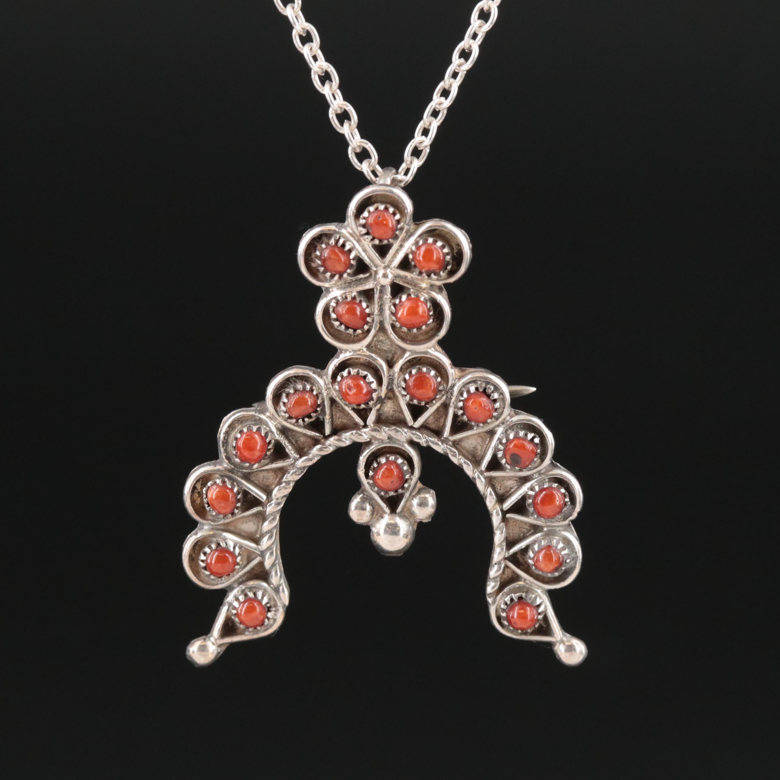 Southwestern Sterling Coral Naja Pendant on 950 Silver Chain | EBTH