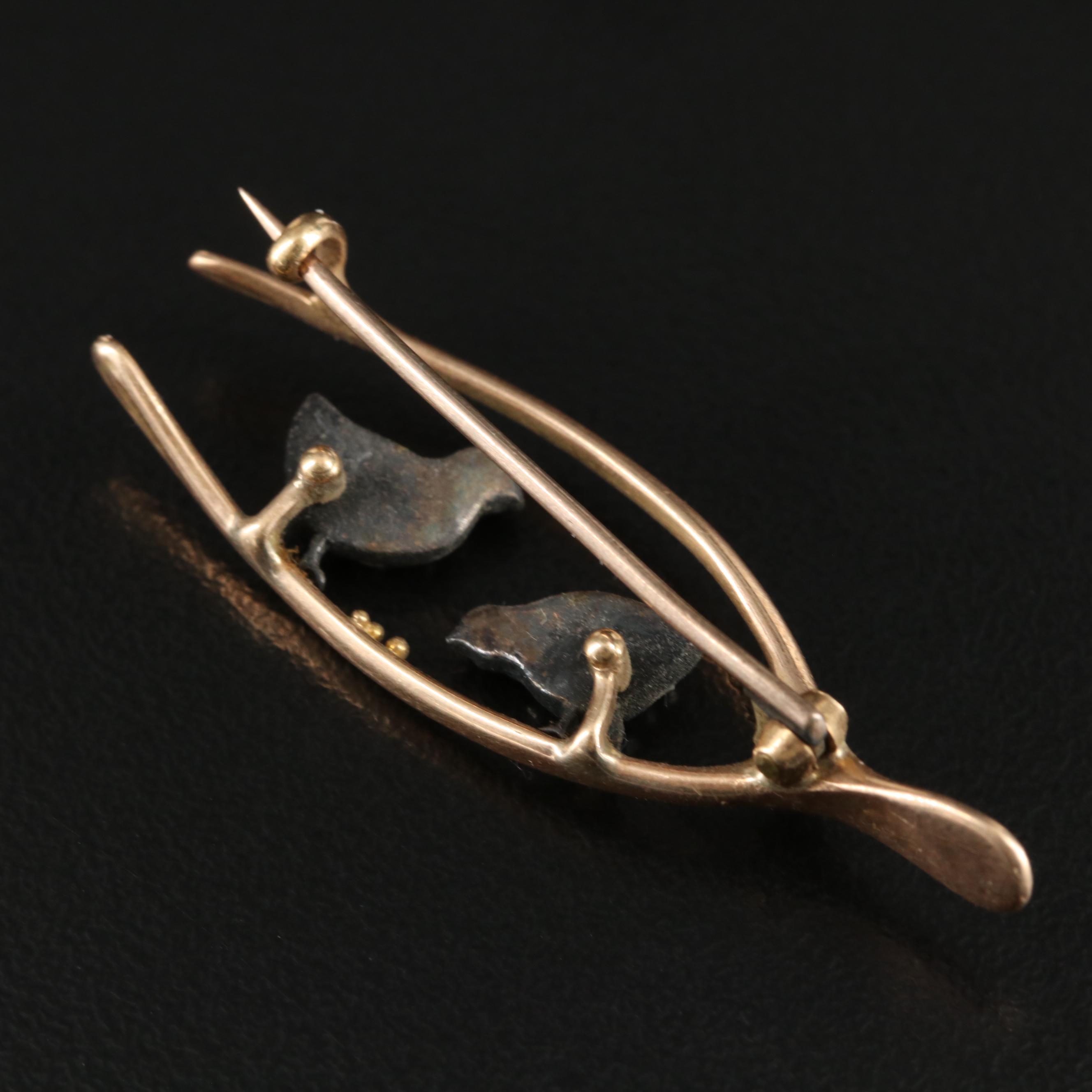 Victorian 10K Rose Gold and Sterling Diamond and Ruby Wishbone Pin | EBTH