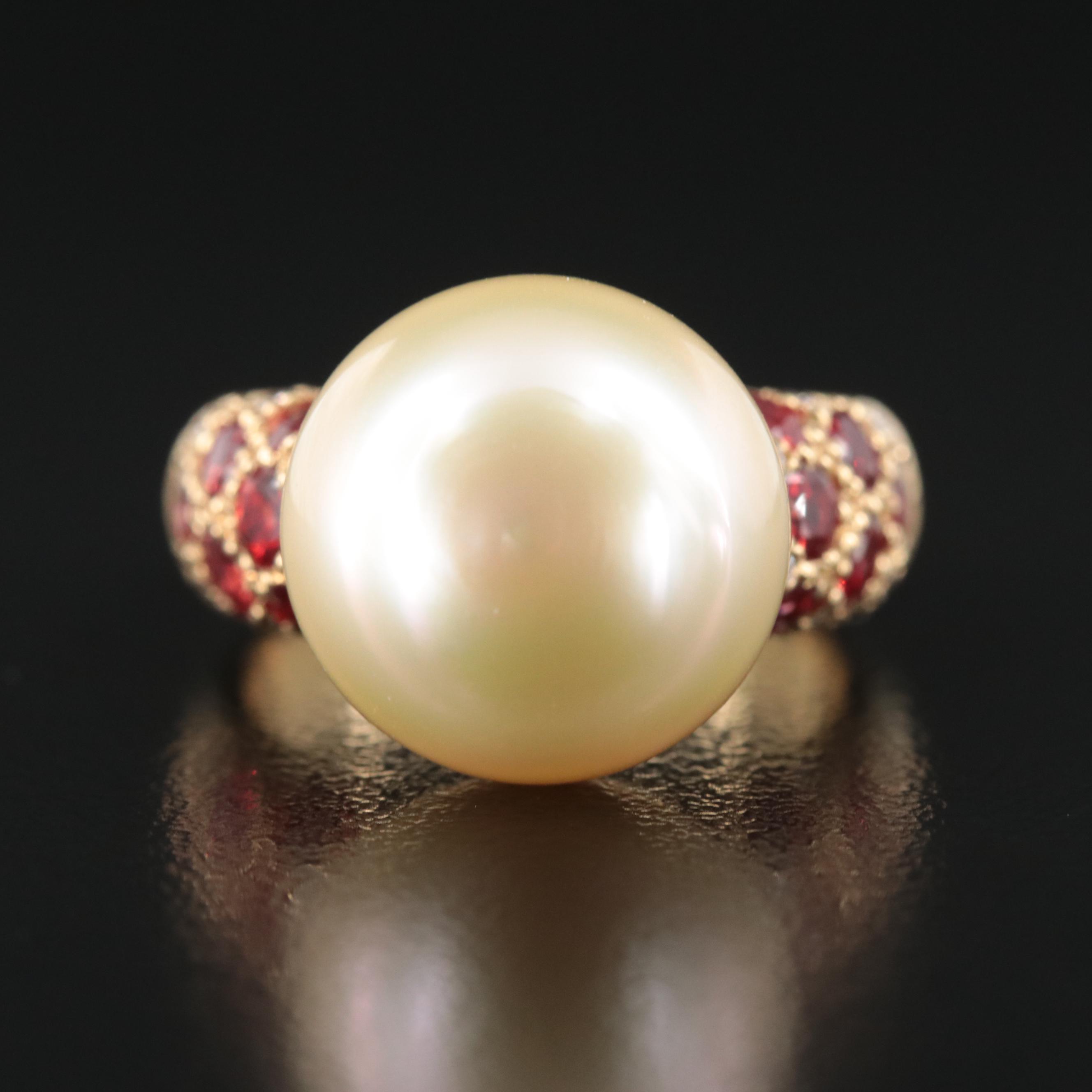 18K Pearl Ring with Diamond and Ruby Encrusted Shoulders with GIA ...