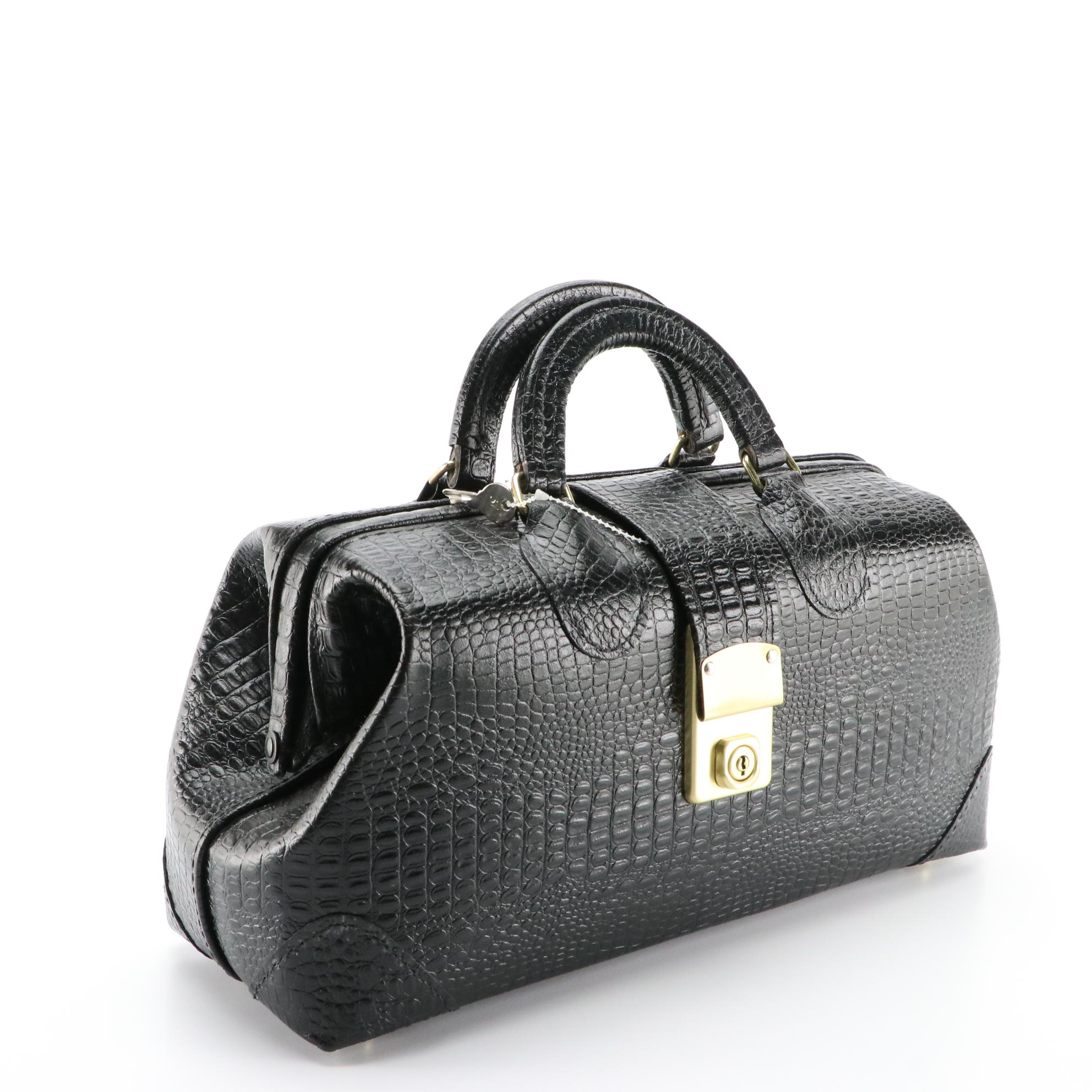 Cheney England Structured Black Crocodile Leather Latch-Front Doctor ...