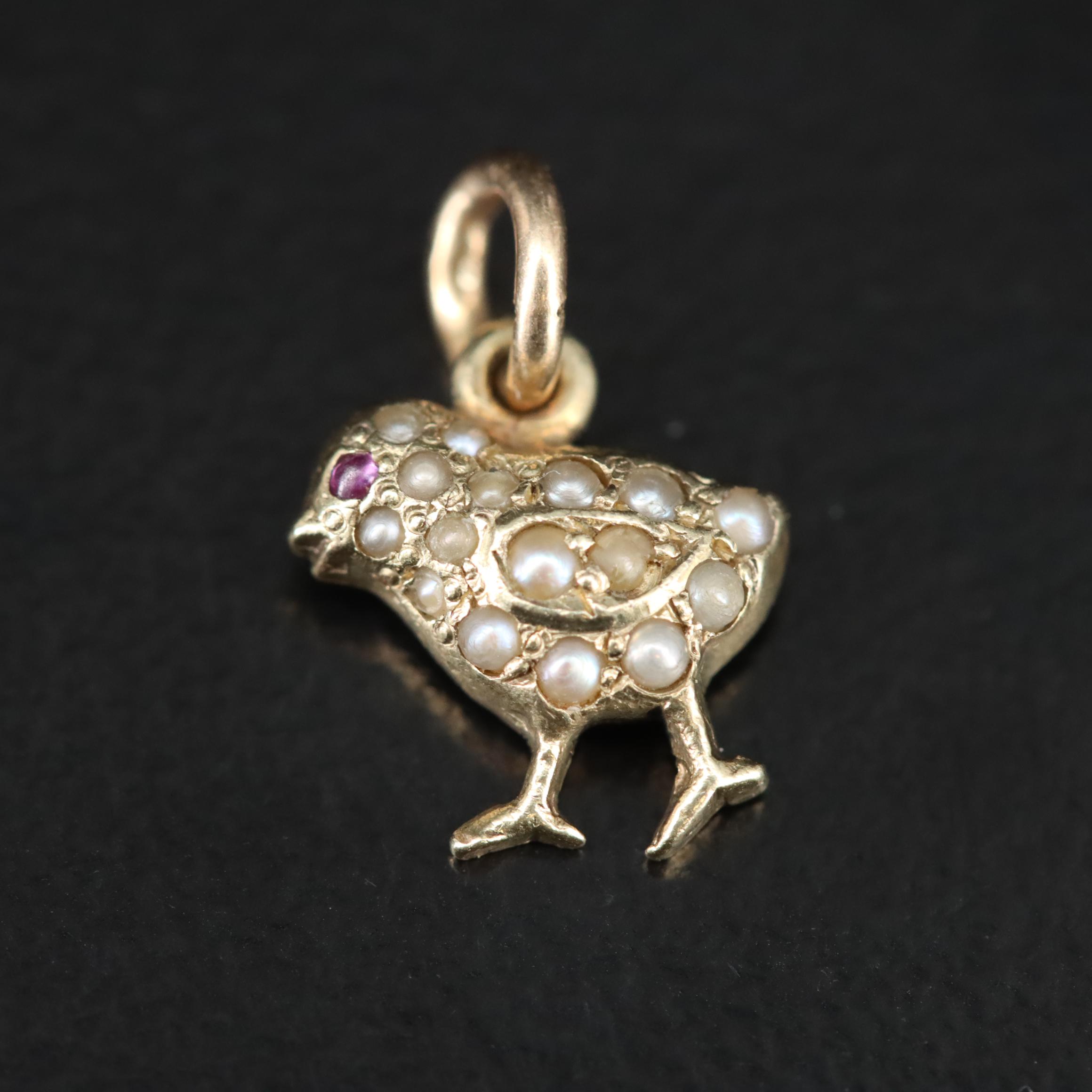 14K Ruby and Seed Pearl Chick Charm | EBTH
