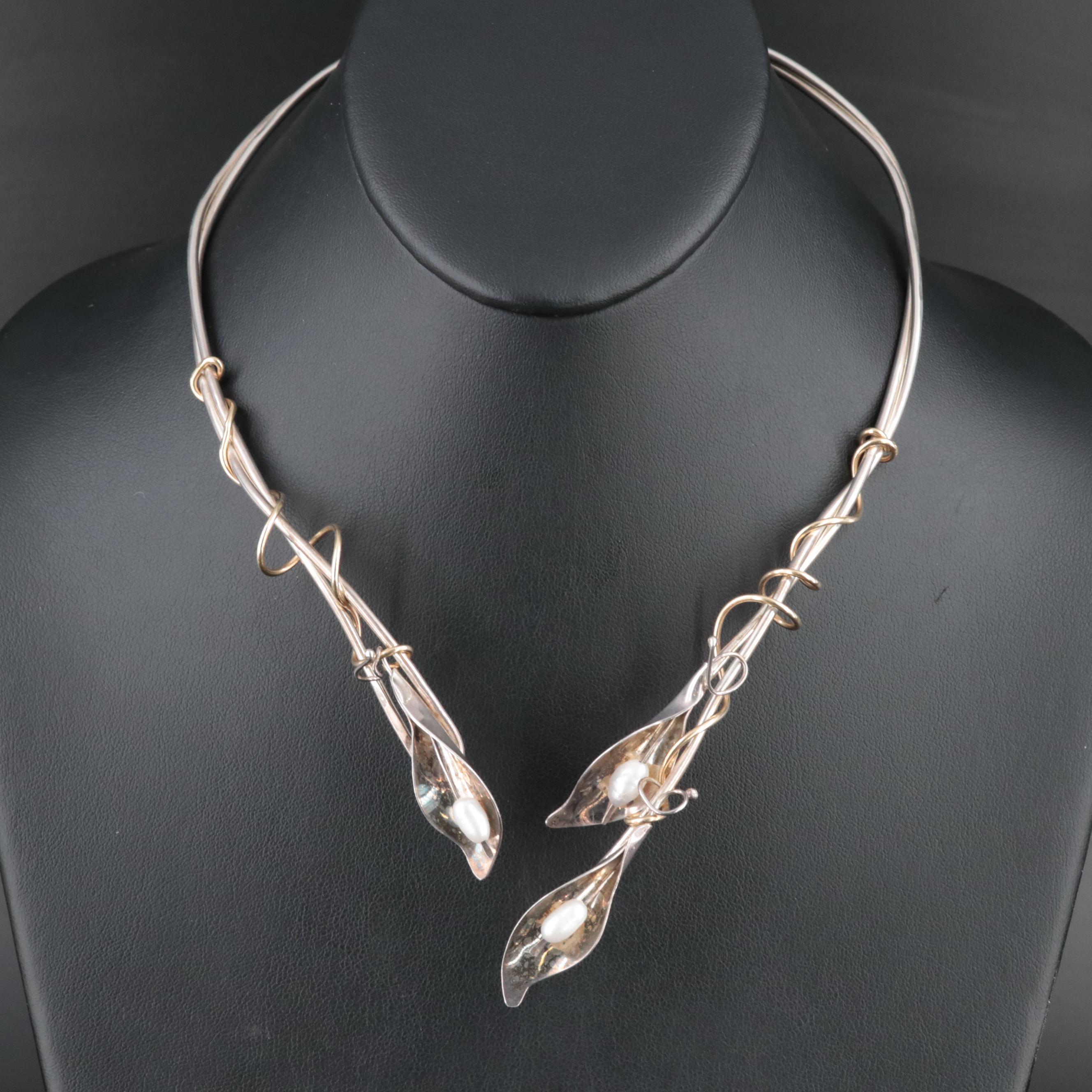 Sterling Pearl Calla Lily Torque Collar with Metal Accent | EBTH