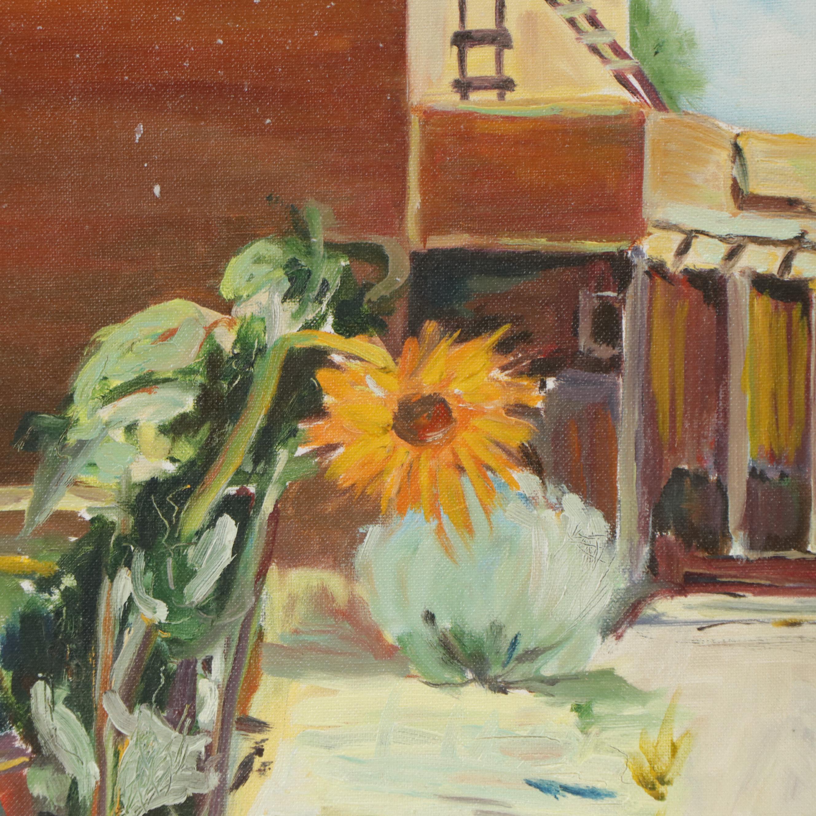 S. M. Sokol Oil Painting of Pueblo Building and Sunflower, 1988 | EBTH