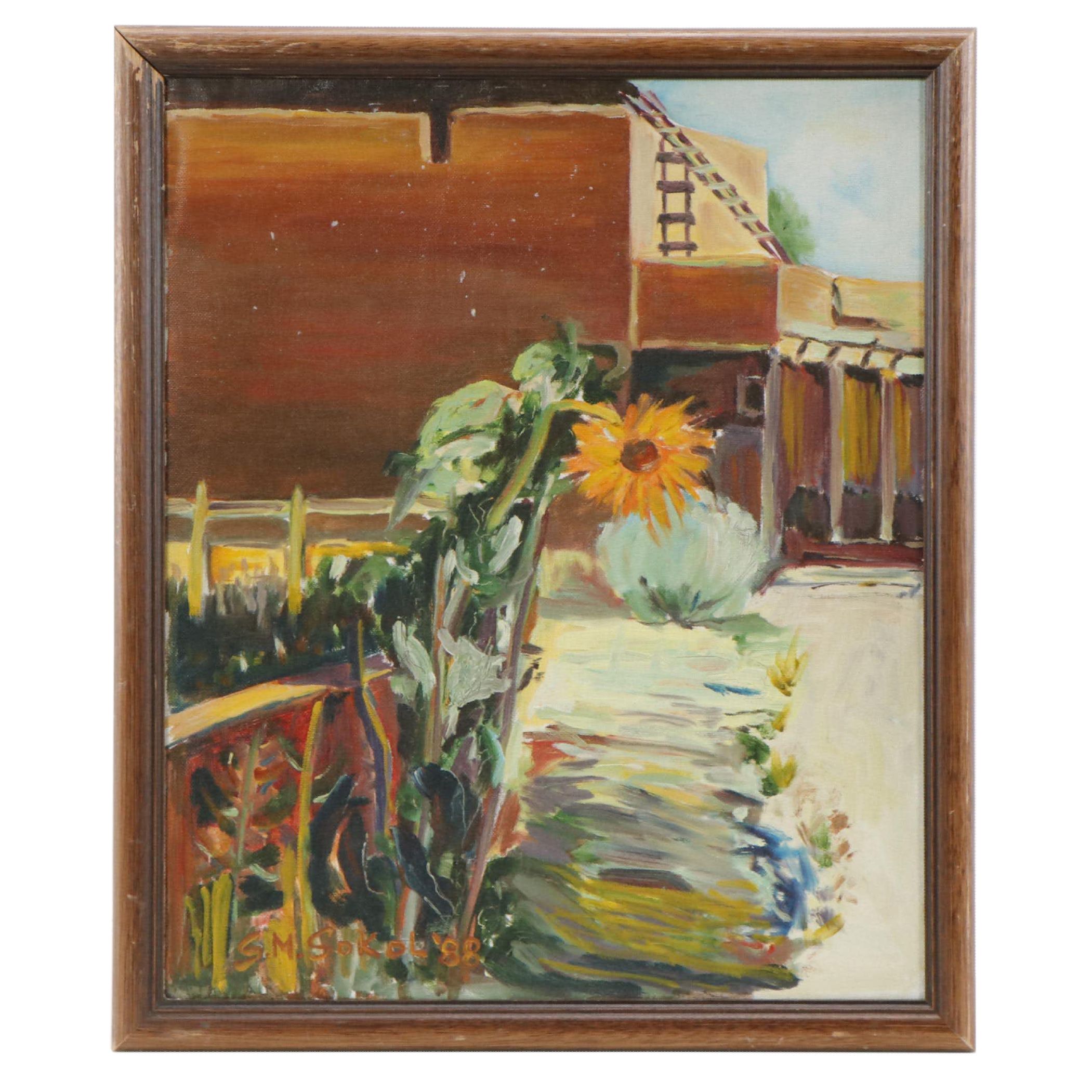 S. M. Sokol Oil Painting of Pueblo Building and Sunflower, 1988 | EBTH