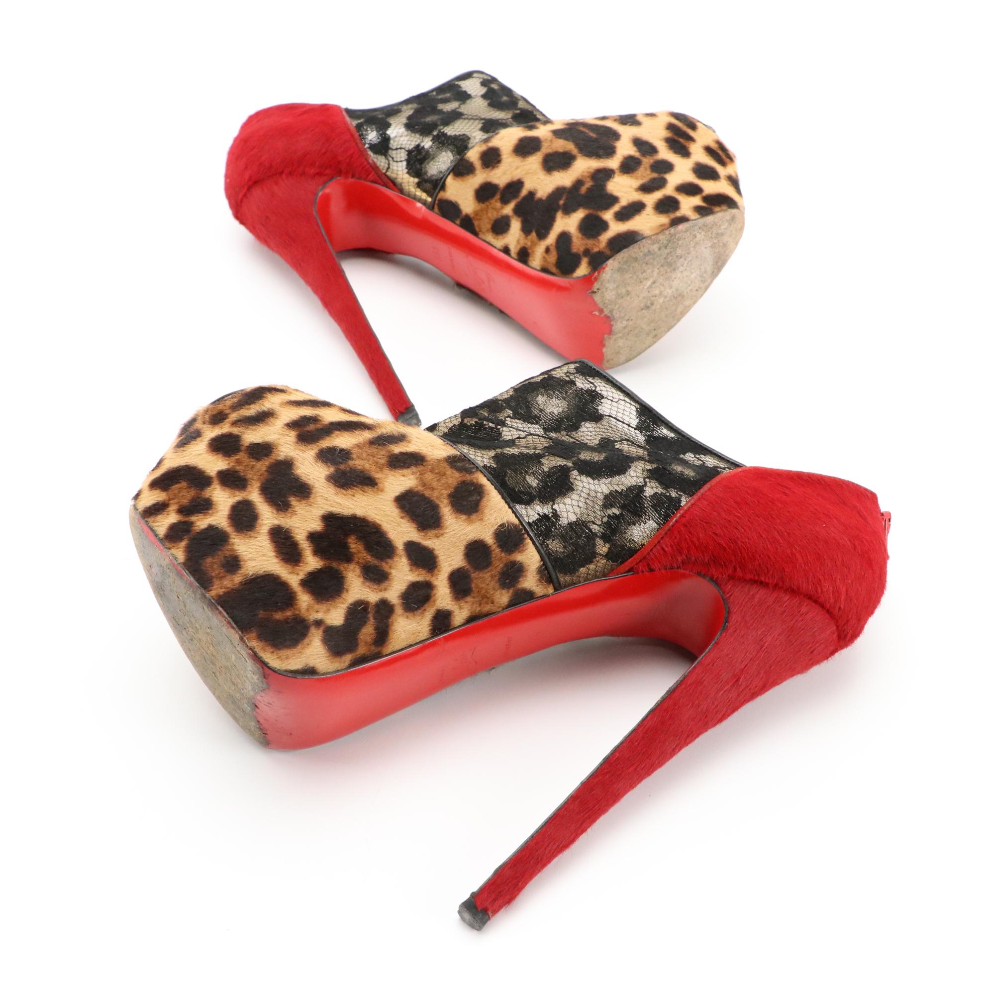 Christian Louboutin Leopard Print/Red Pony Hair & Black Lace Aeronotoc ...