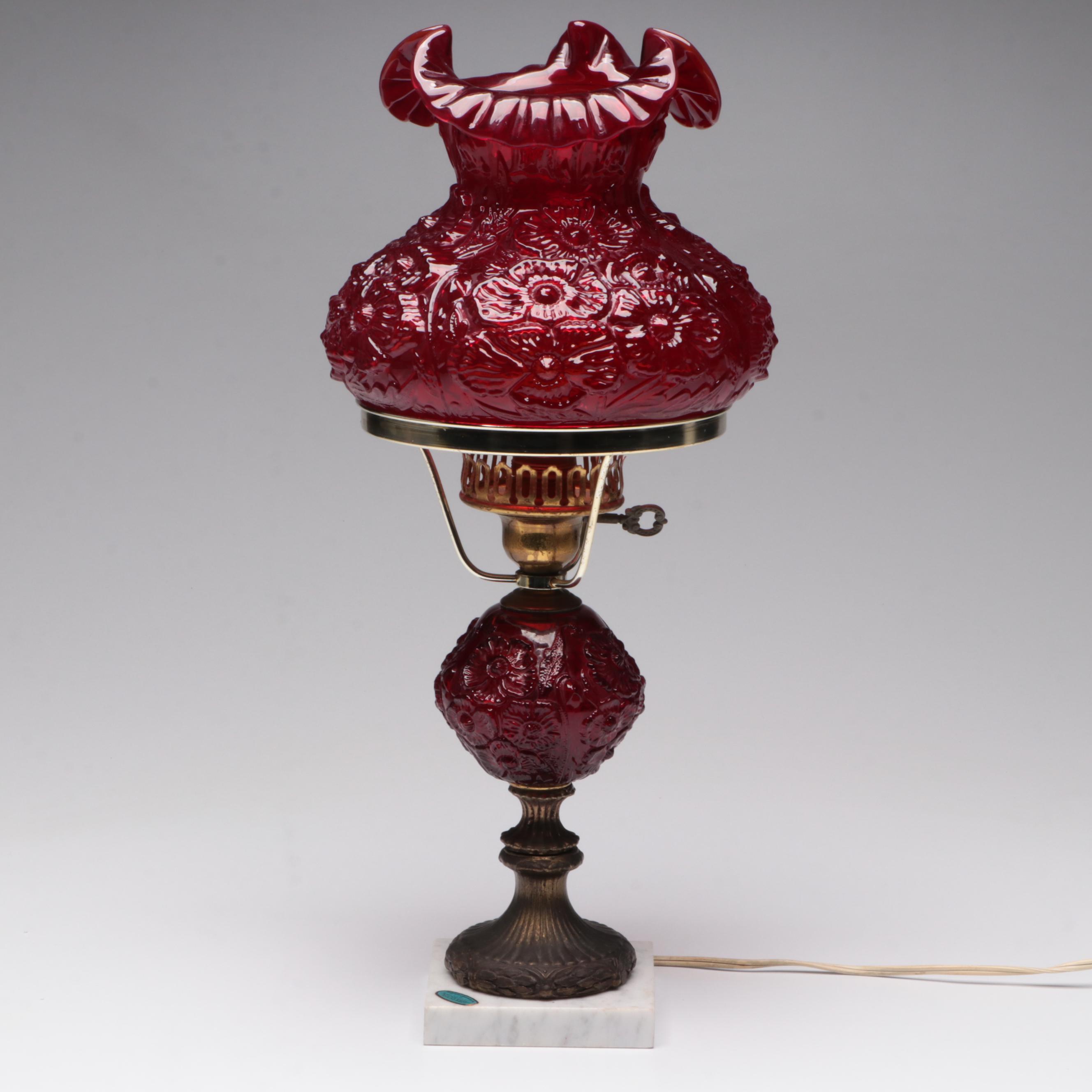 Fenton "Poppies" Ruby Glass and Marble Student Lamp, Circa 1960s | EBTH