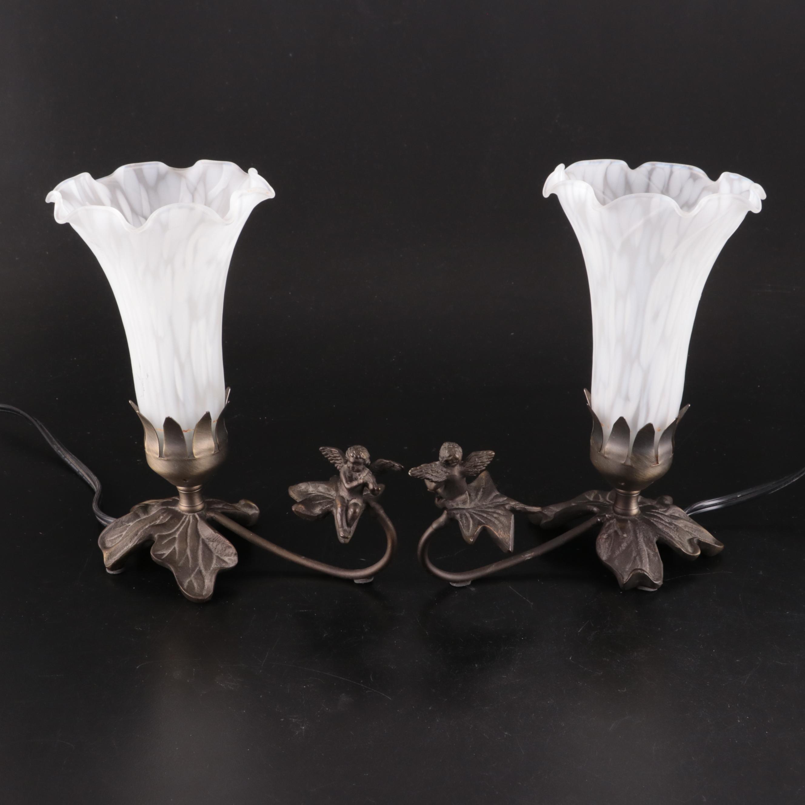 Bronzed Metal Cupid Lamps with Frosted Glass Shades, Late 20th Century ...