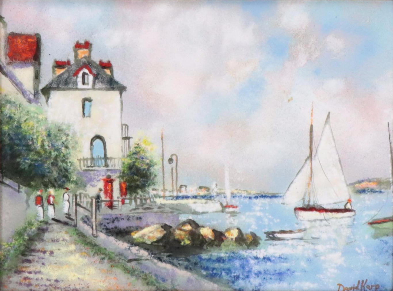 David Karp Enamel Painting of Harbor Scene | EBTH