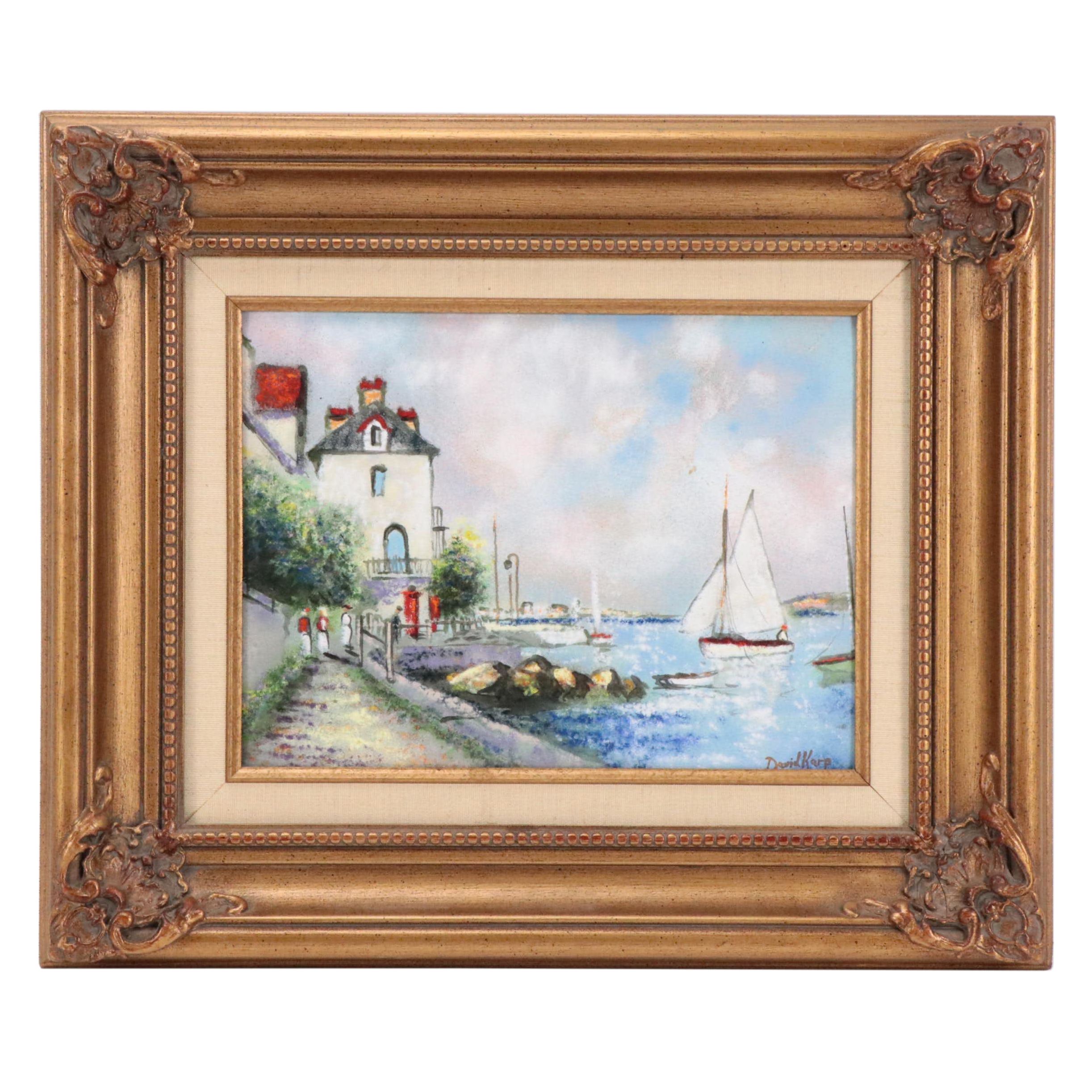 David Karp Enamel Painting of Harbor Scene | EBTH