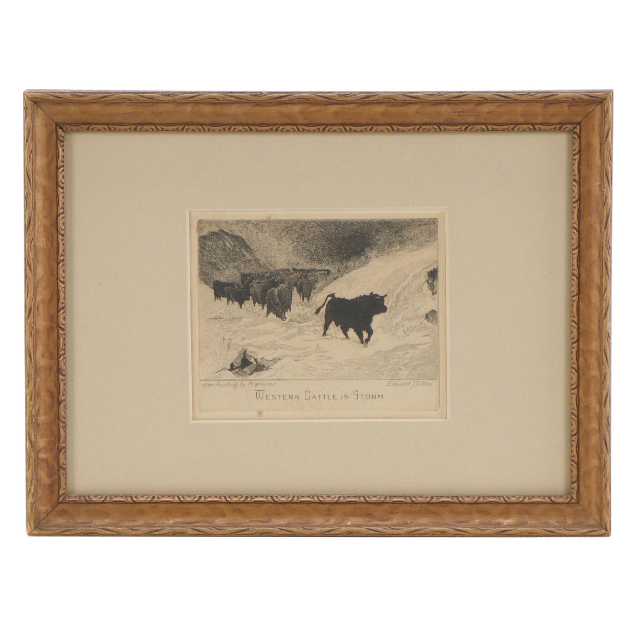 Edward J. Dillon Steel Engraving "Western Cattle in Storm" After ...