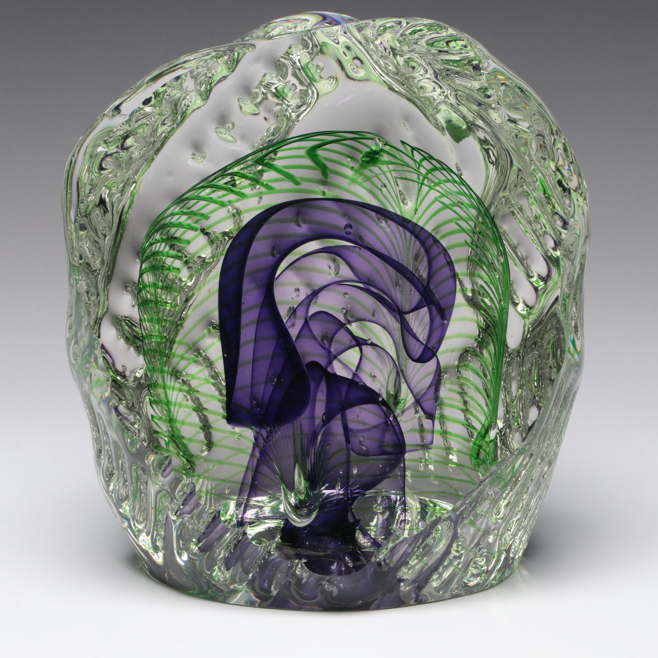 Rollin Karg Green and Purple Abstract Art Glass Sculpture, 1998 | EBTH