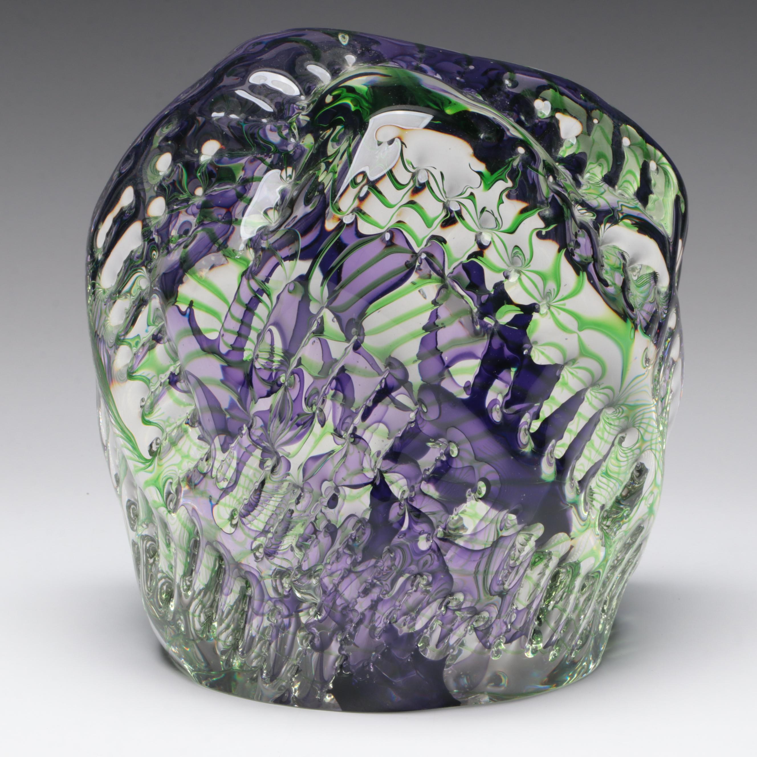 Rollin Karg Green and Purple Abstract Art Glass Sculpture, 1998 | EBTH