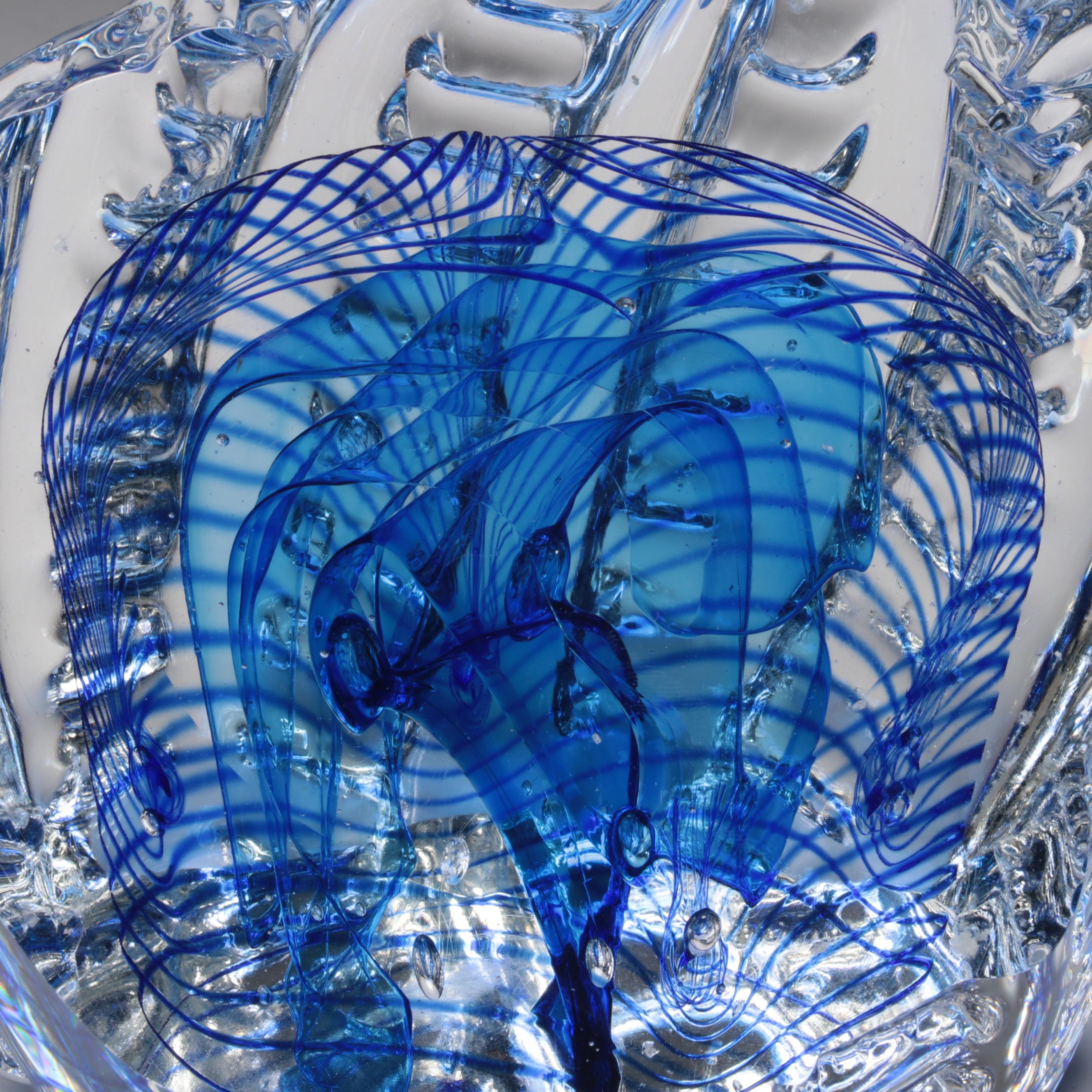Rollin Karg Blue and Clear Abstract Art Glass Sculpture, 1999 | EBTH