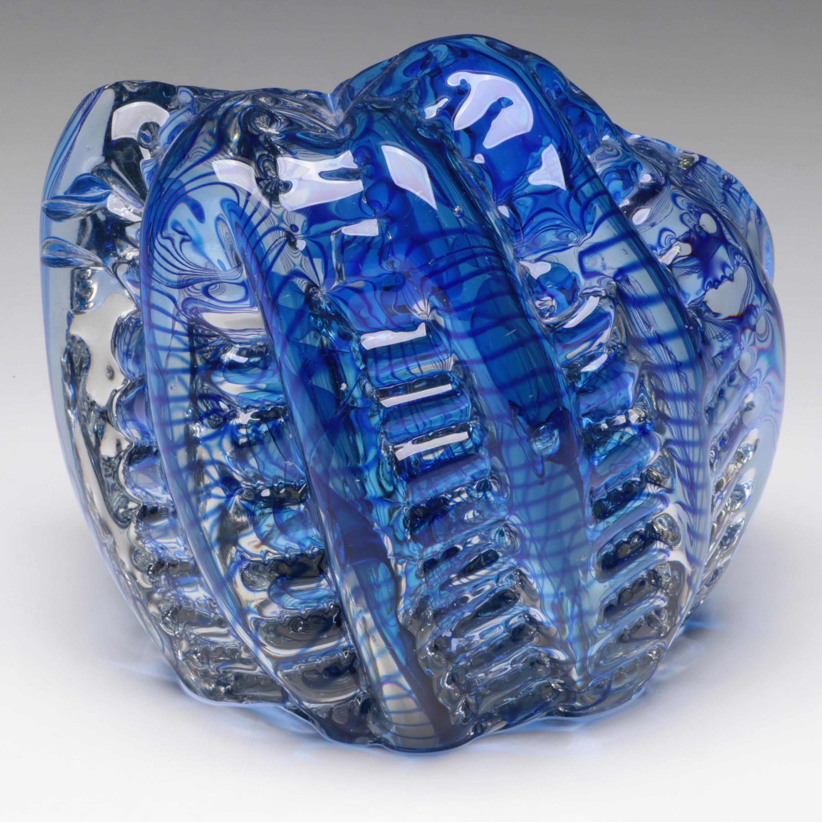 Rollin Karg Blue and Clear Abstract Art Glass Sculpture, 1999 | EBTH