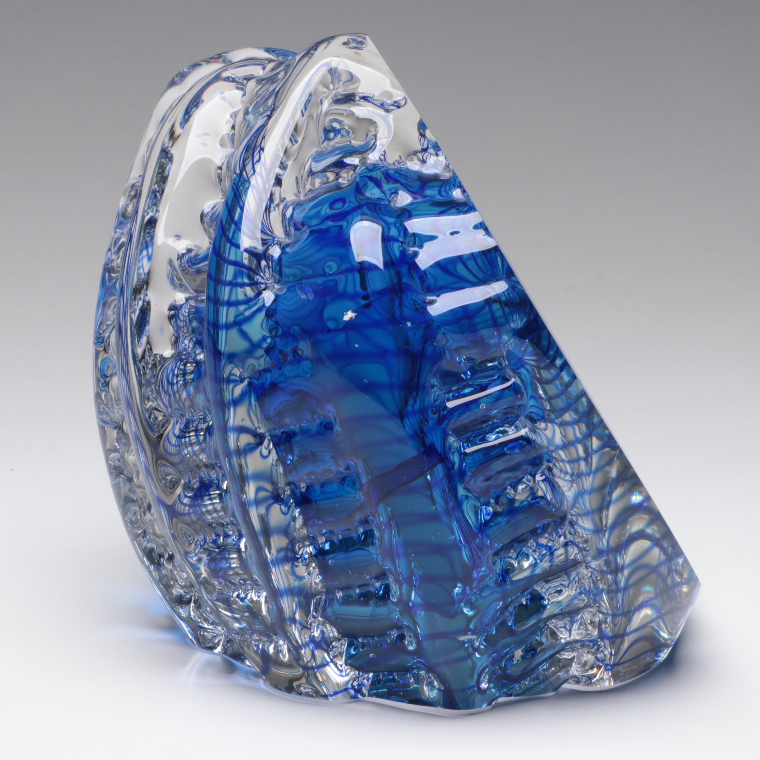 Rollin Karg Blue and Clear Abstract Art Glass Sculpture, 1999 | EBTH