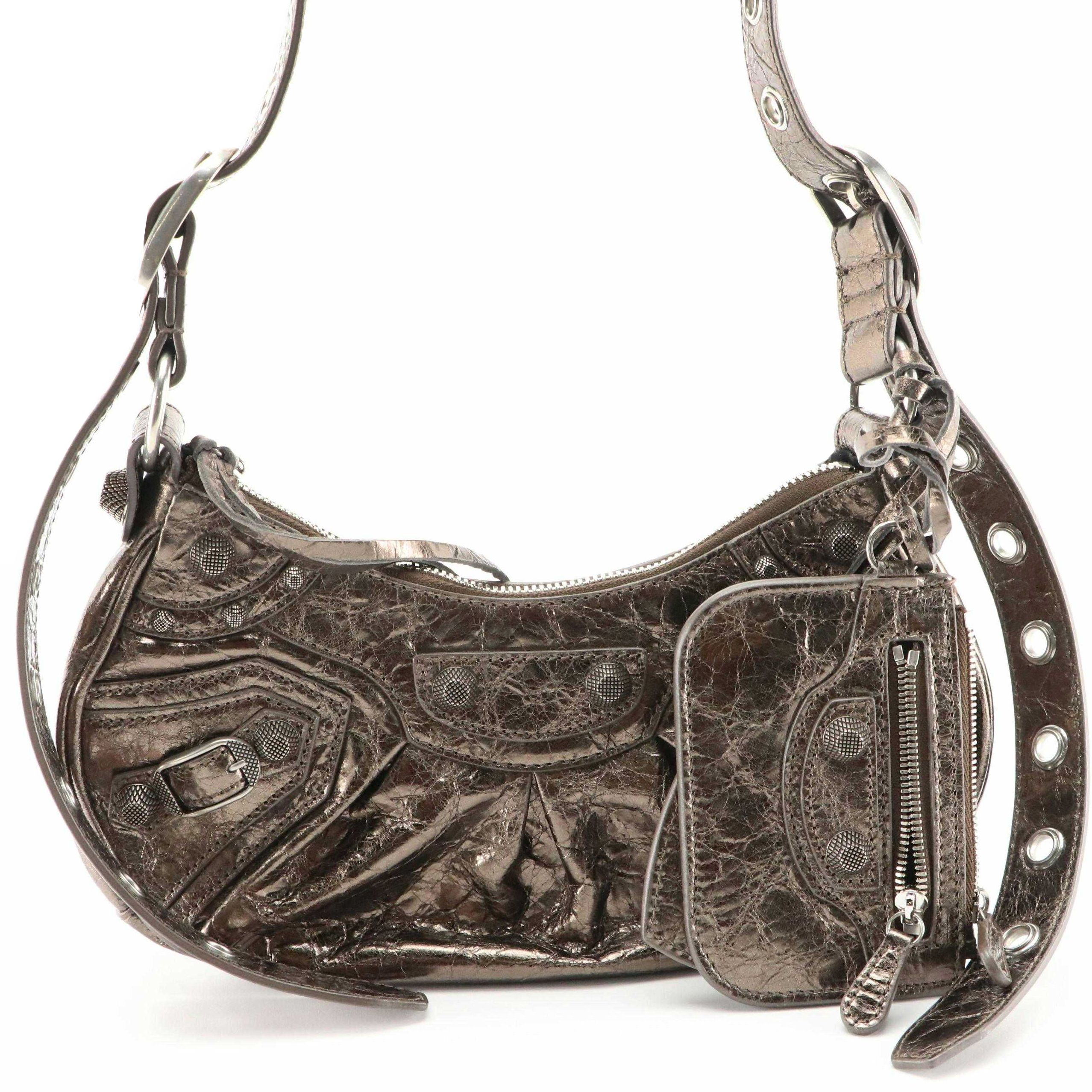 Balenciaga Crinkle Metallic Leather Cagole XS Stud Hobo Shoulder Bag | EBTH