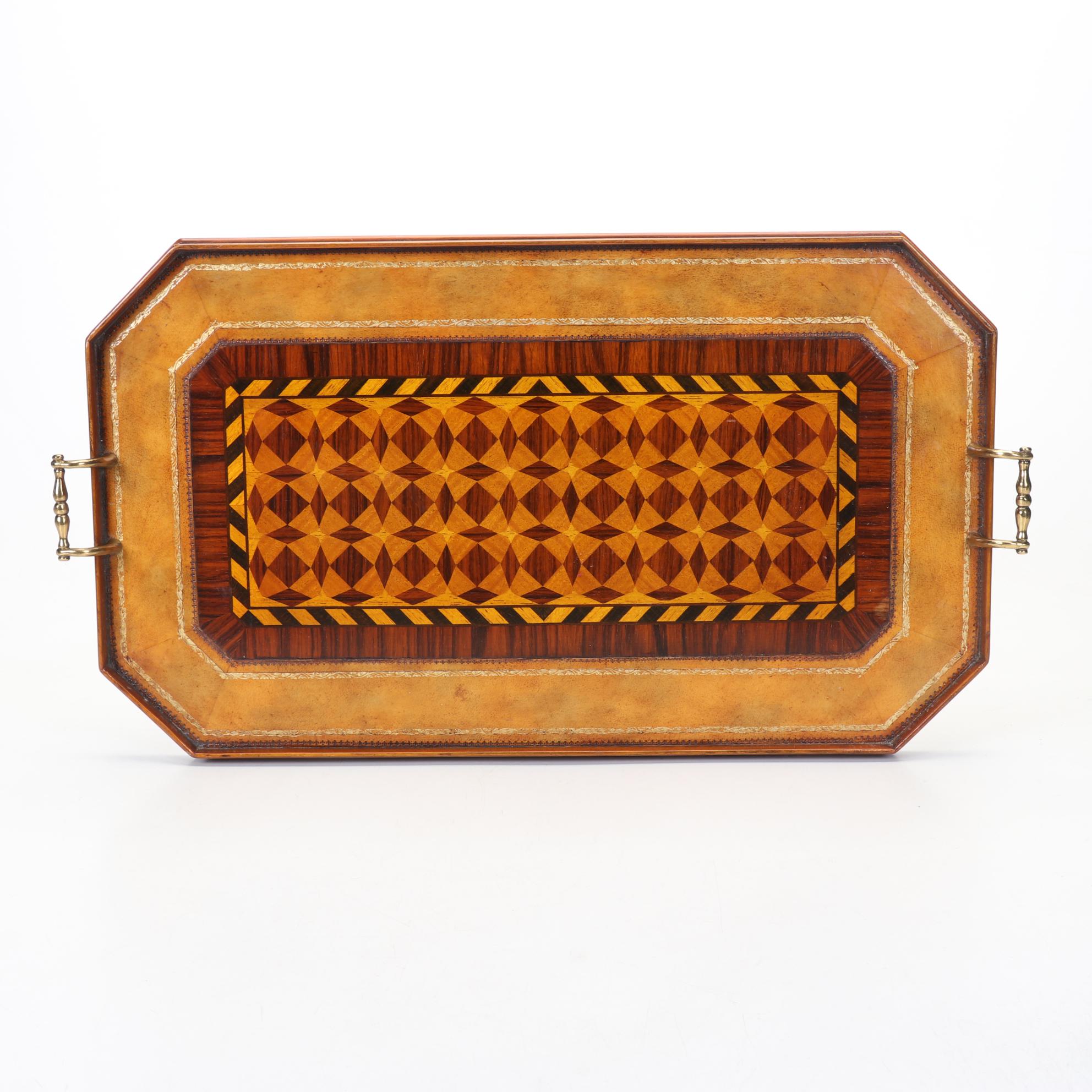 Maitland Smith Wood Inlay and Leather Serving Tray | EBTH