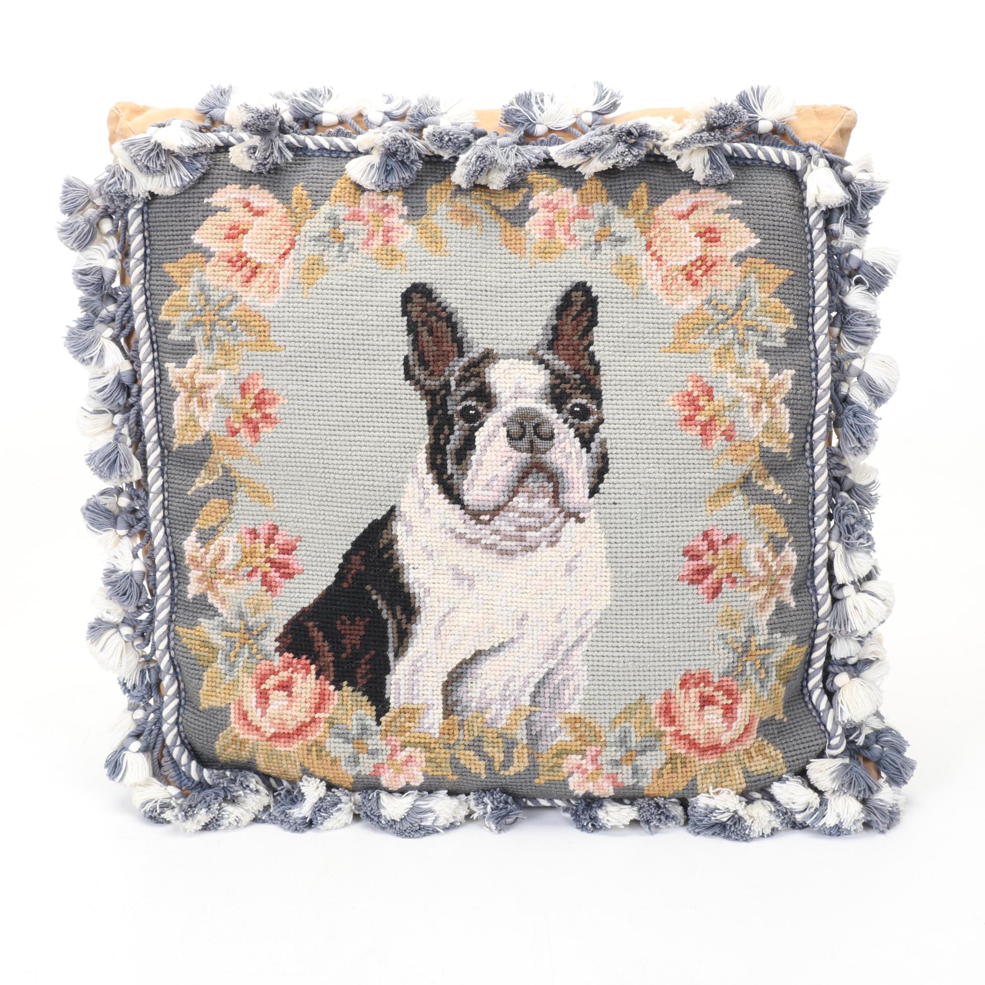 Porcelain and Brass Table Lamp with Needlepoint Boston Terrier Accent ...