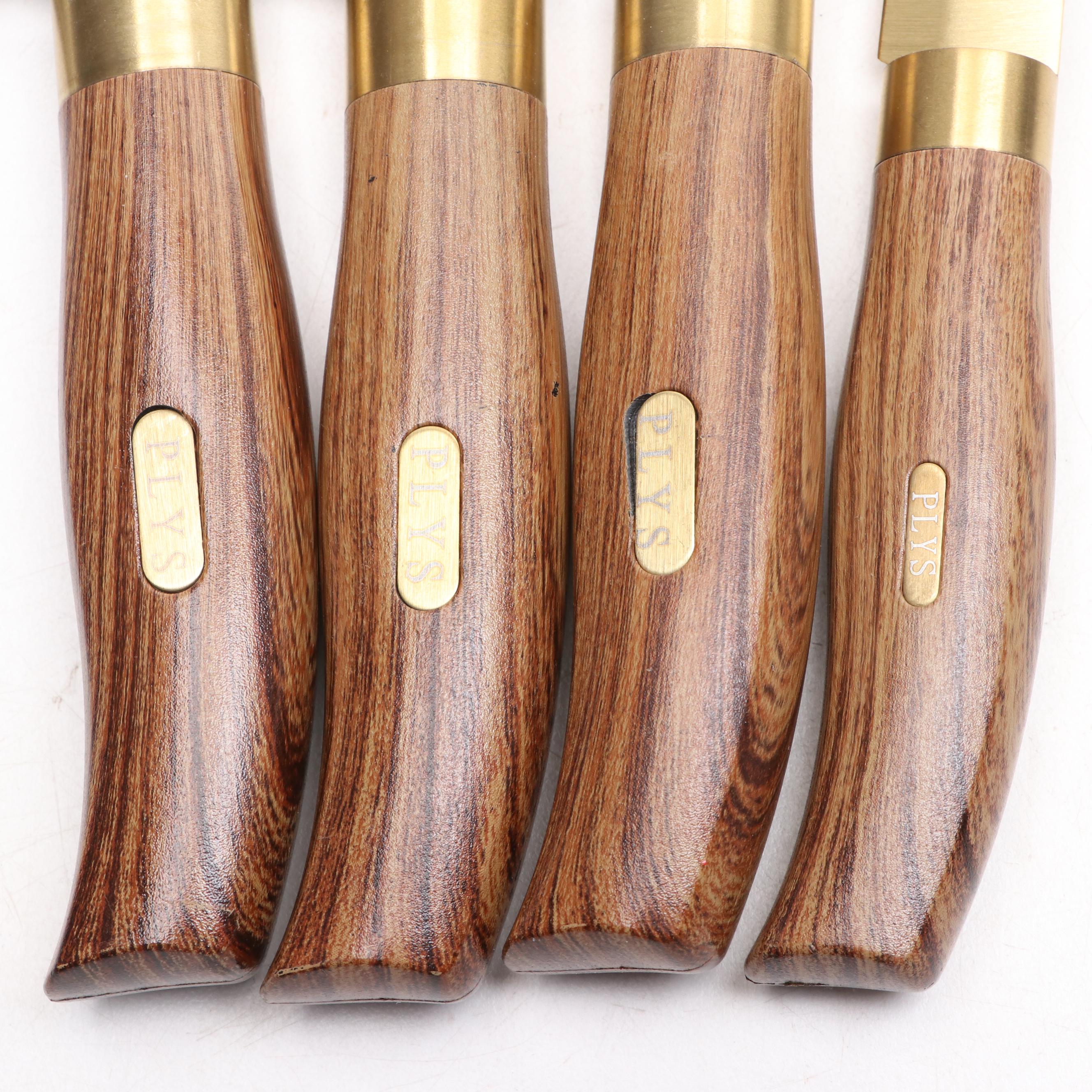 PLYS Wooden Handled and Golden Finish Knife Set with Knife Roll | EBTH